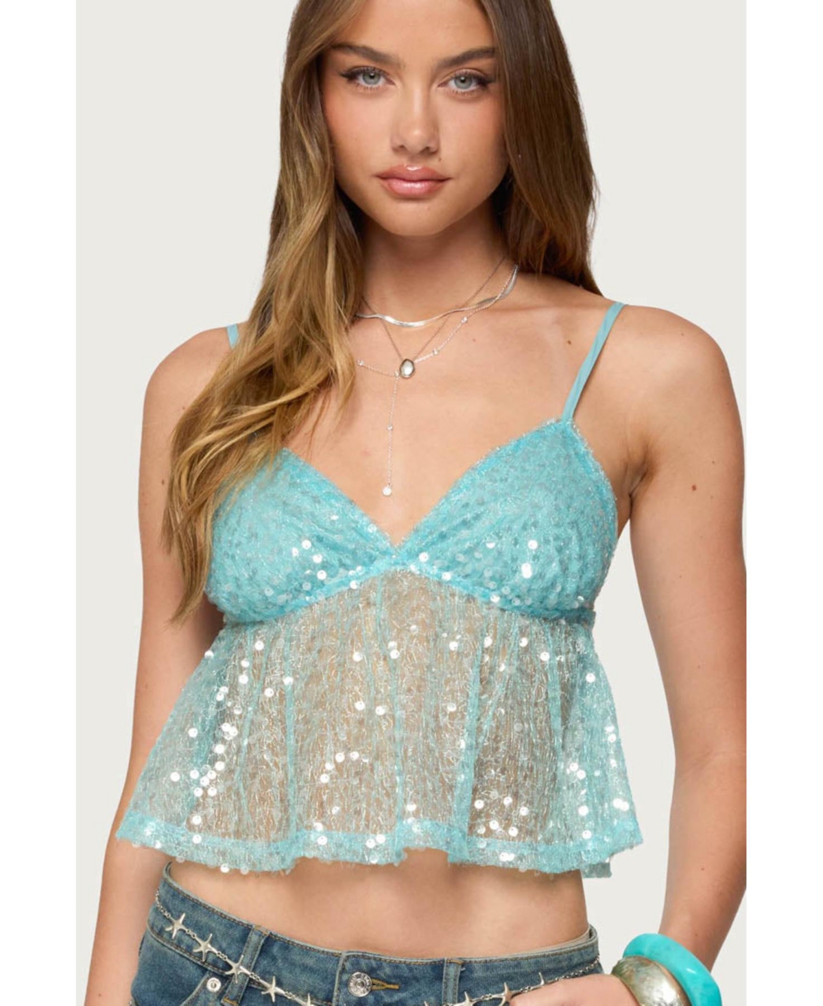 Click here for Edikted Womens Sheer Sequin Babydoll Tank Top - Tu... prices