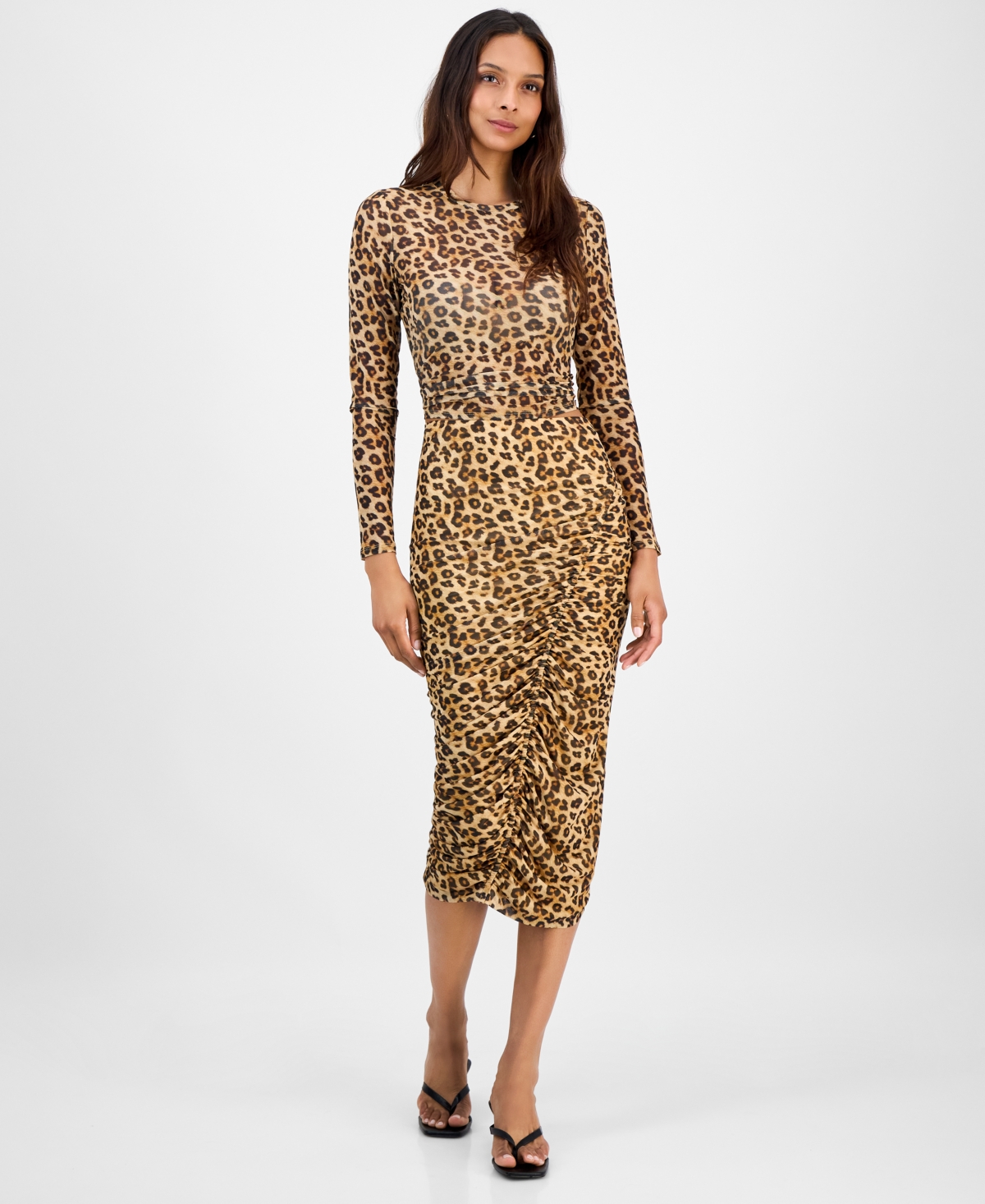 Click here for Bar Iii Womens Leopard-Print Ruched Bodycon Midi S... prices