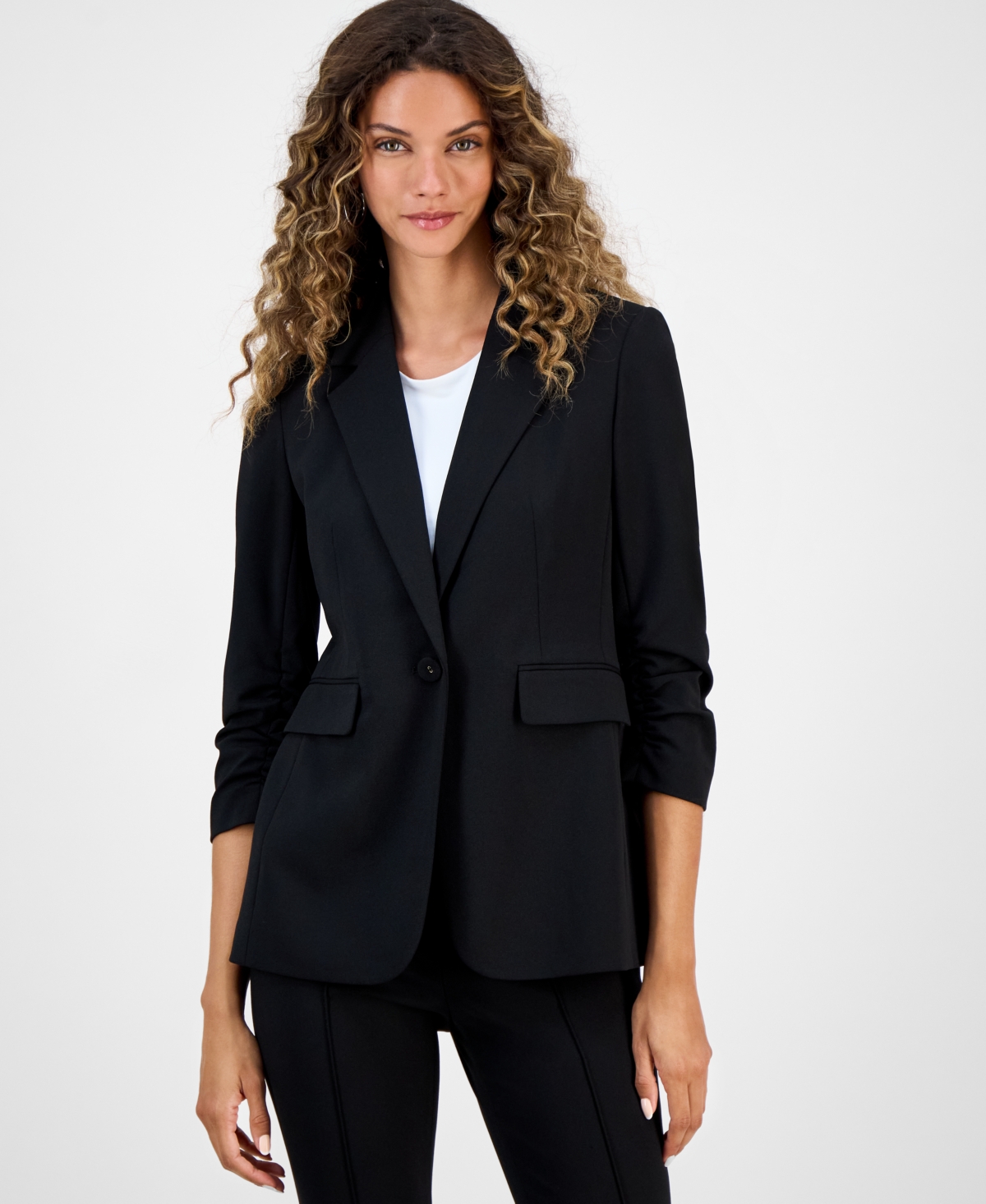 Bar Iii Womens Crepe One-Button Scrunched-Sleeve Jacket  Macys Exclusive - Black