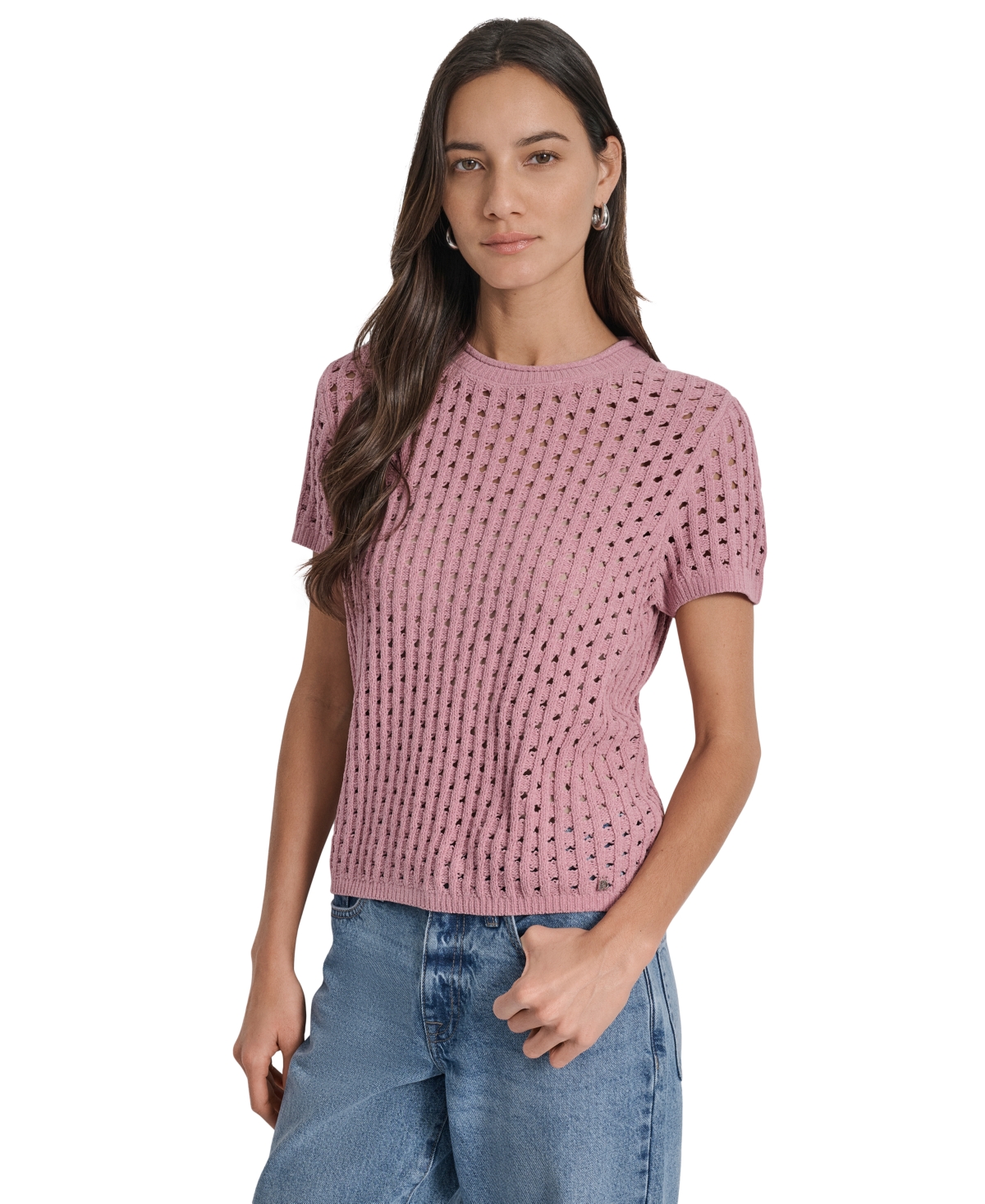 Click here for Dkny Jeans Womens Open Stitch Crewneck Short-Sleev... prices