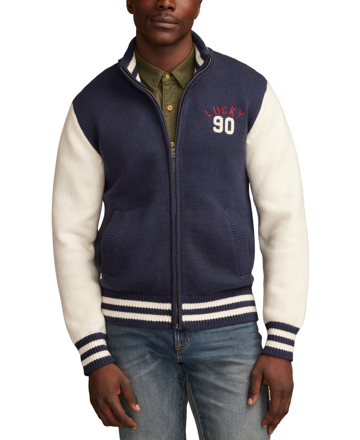 Click here for Lucky Brand Mens Zip Sweater Bomber - Cadet Navy prices