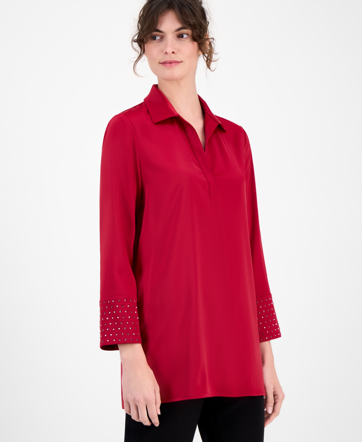 Click here for Anne Klein Womens Satin-Collar Studded-Cuff Top -... prices