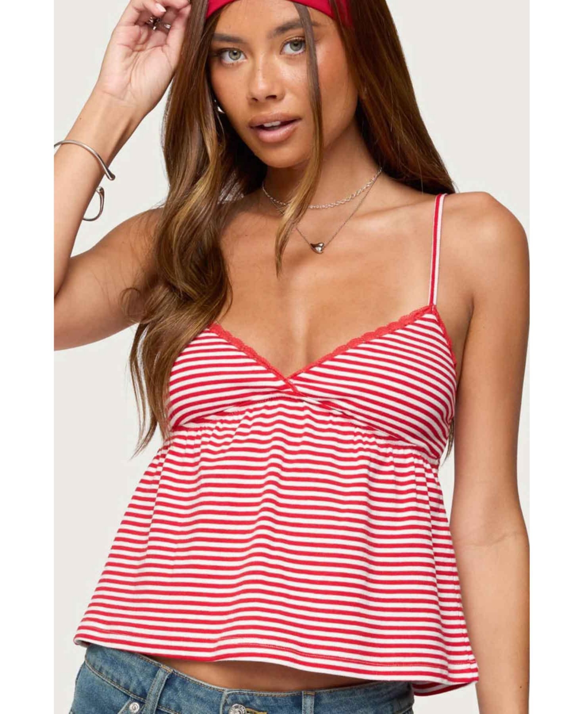 Click here for Edikted Womens Orietta Striped Babydoll Top - Red prices