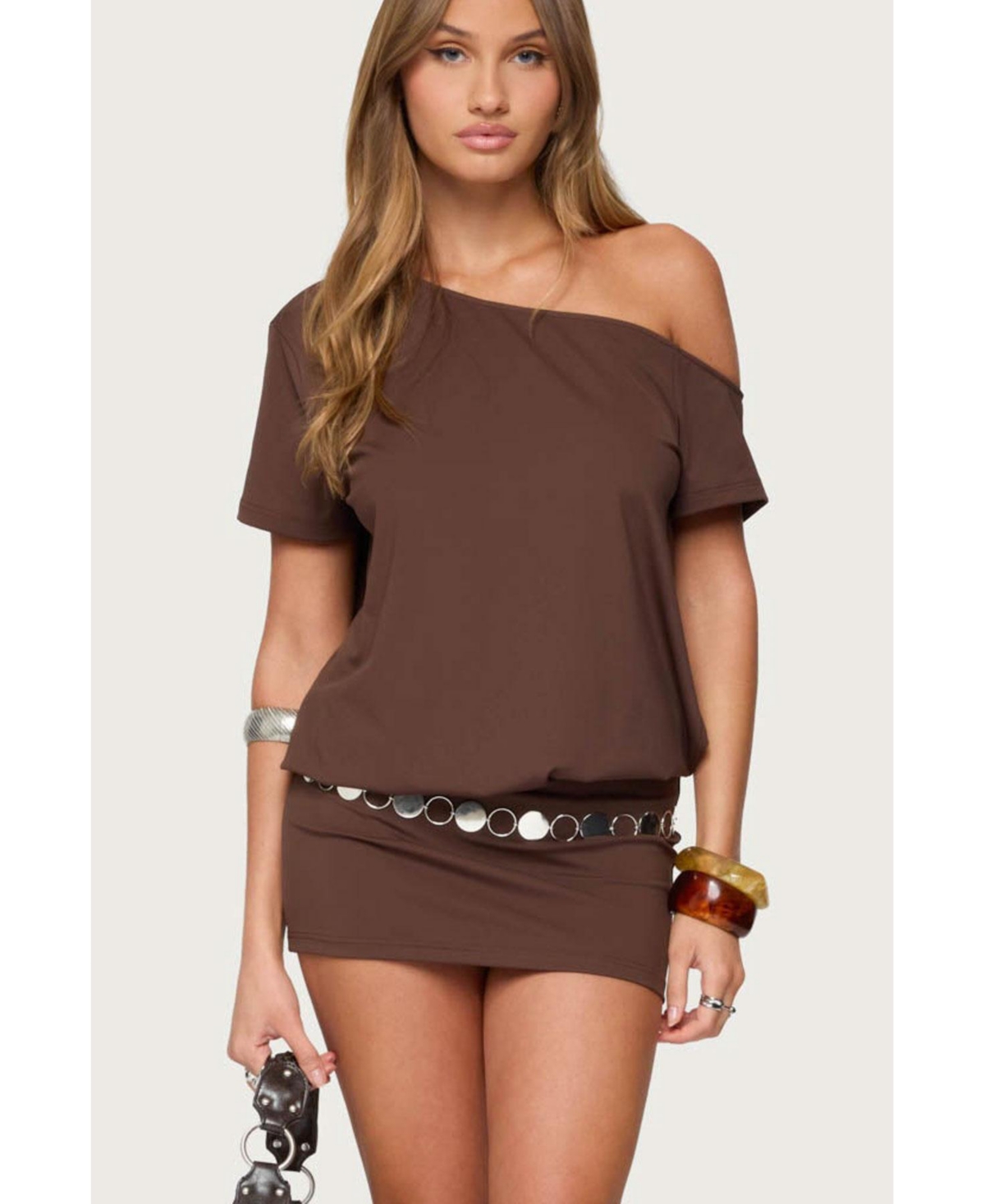Edikted Womens Dorie Off Shoulder Cut Out Mini Dress - Brown