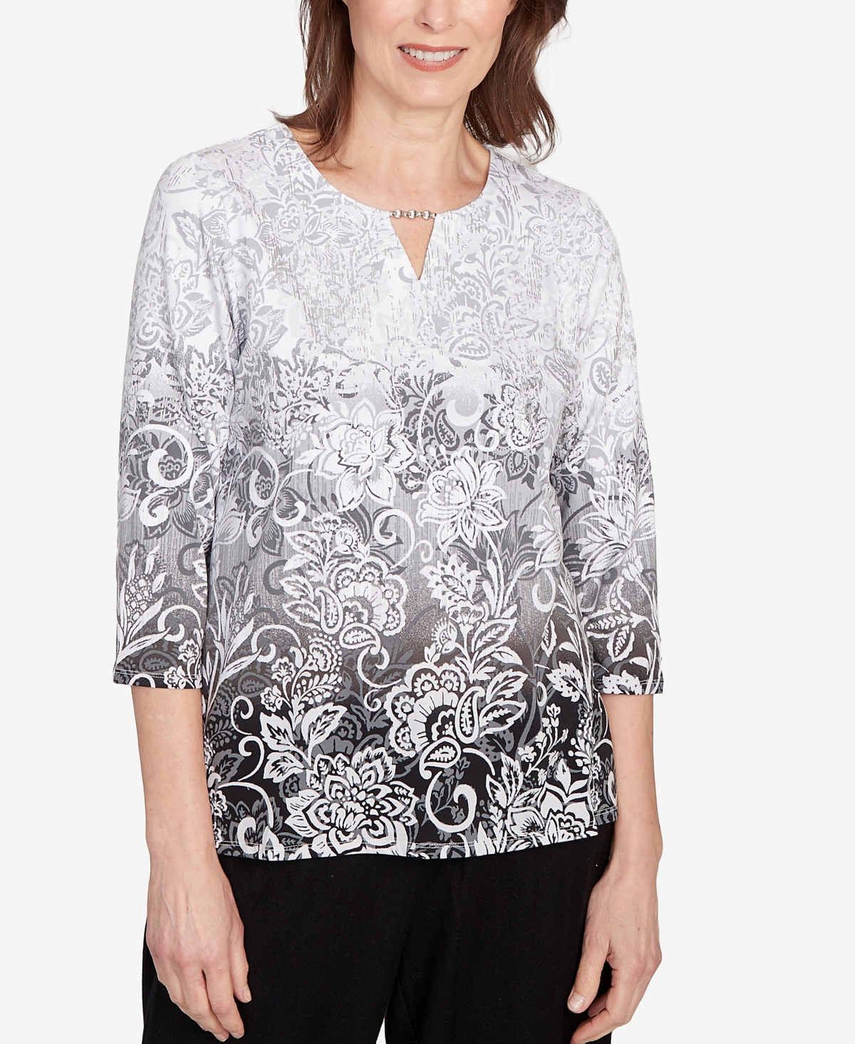 Click here for Alfred Dunner Petite Ombre Scroll Top - Gray prices