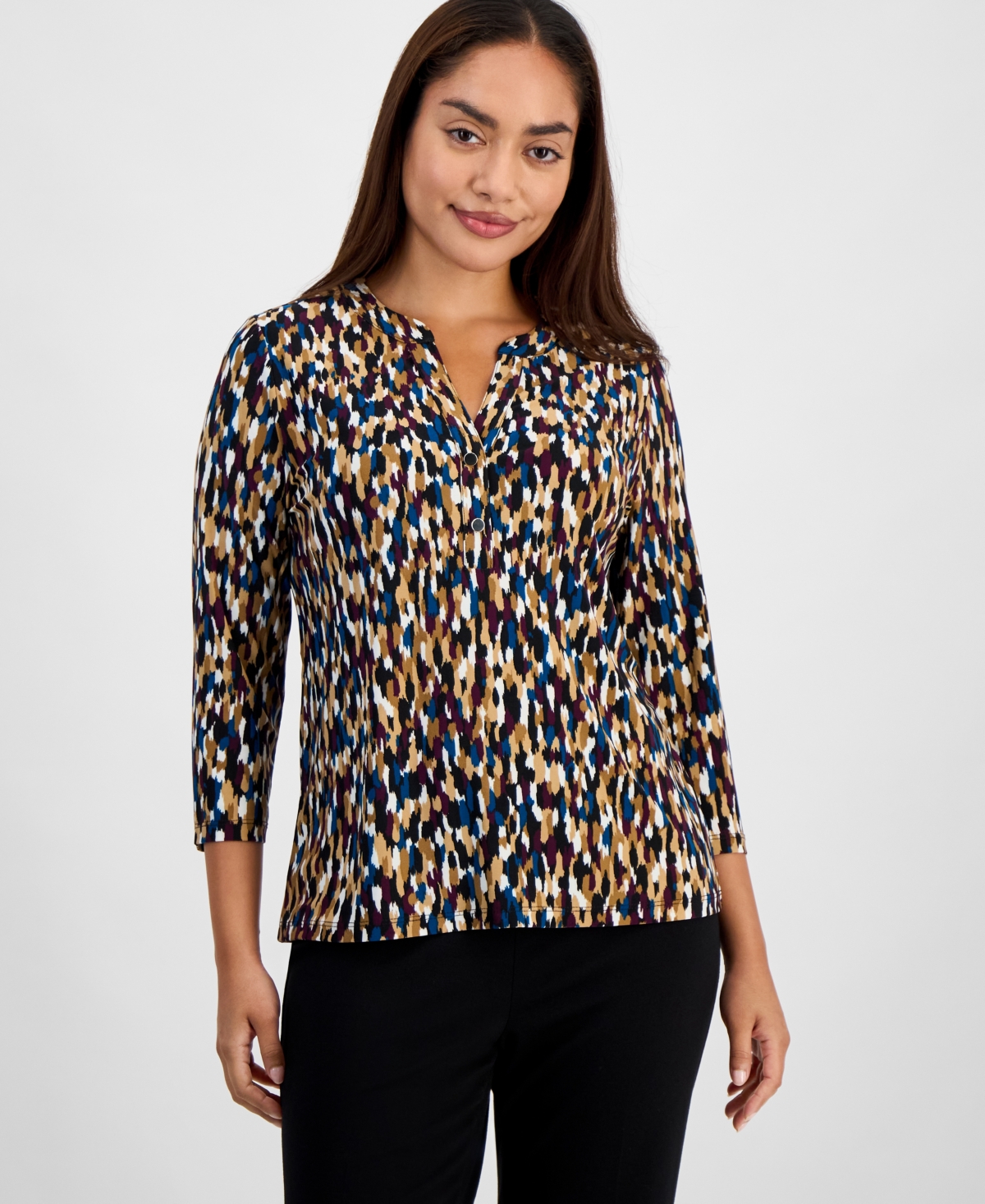Click here for Ak Anne Klein Petite Printed Henley Top - Anne Bla... prices