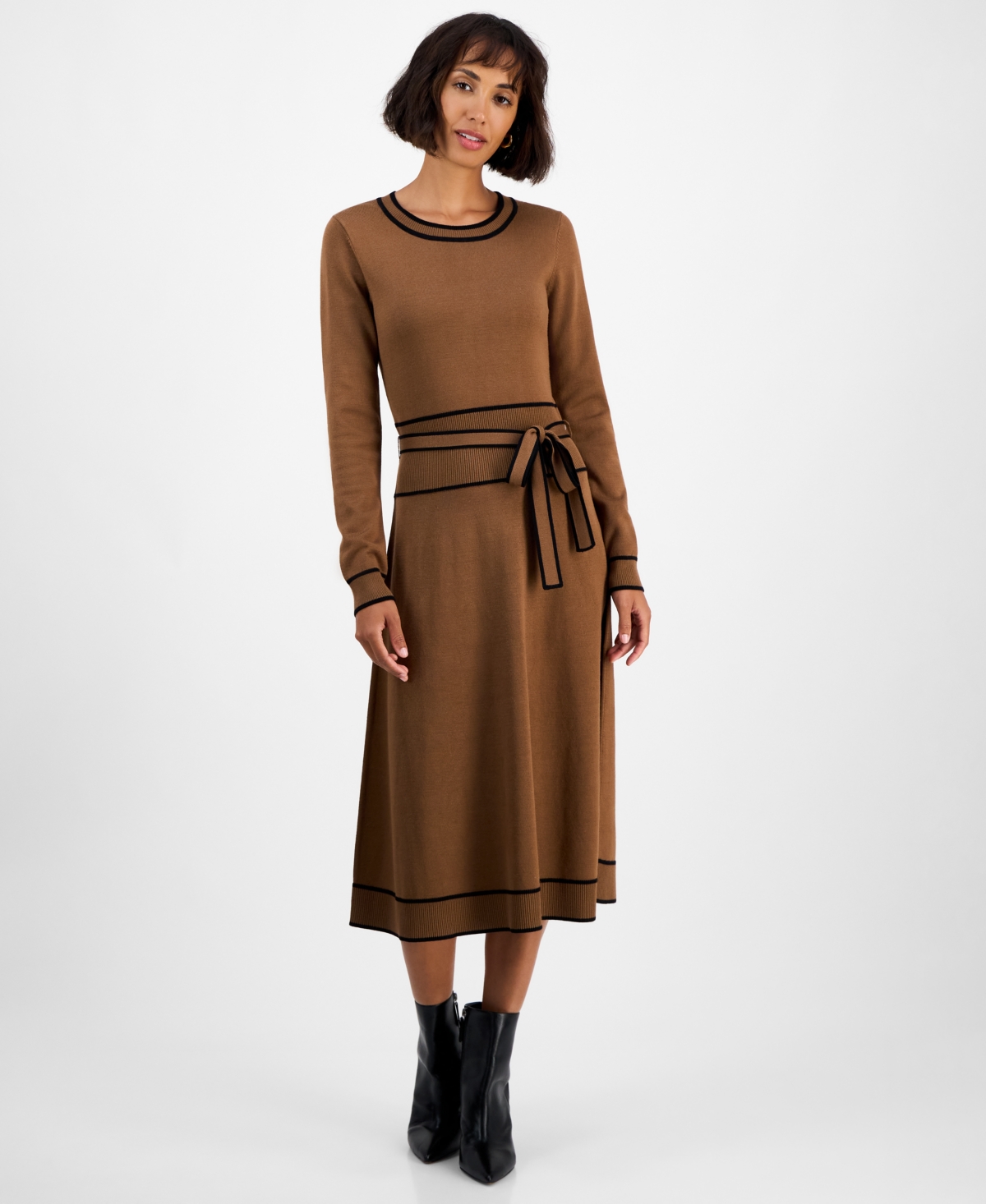Click here for T Tahari Womens Wide-Rib Belted Sweater Dress - Re... prices
