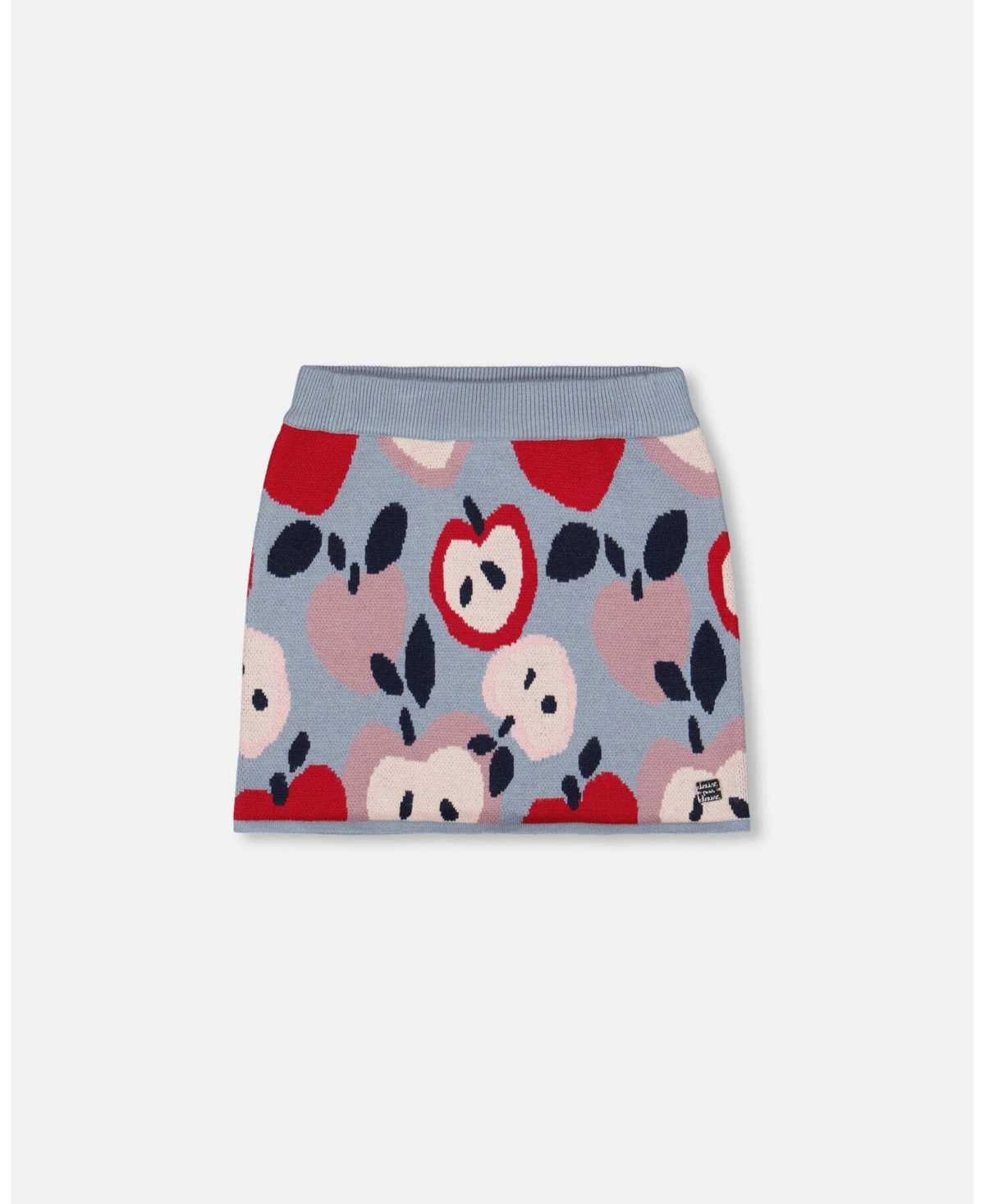 Deux par Deux Girl Knit Skirt Blue and Red with Apple Heart Jacquard - Child - Blue and red