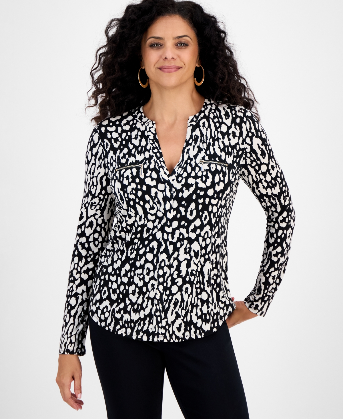 Click here for Jm Collection Womens Printed Zip Pocket Top  Macys... prices