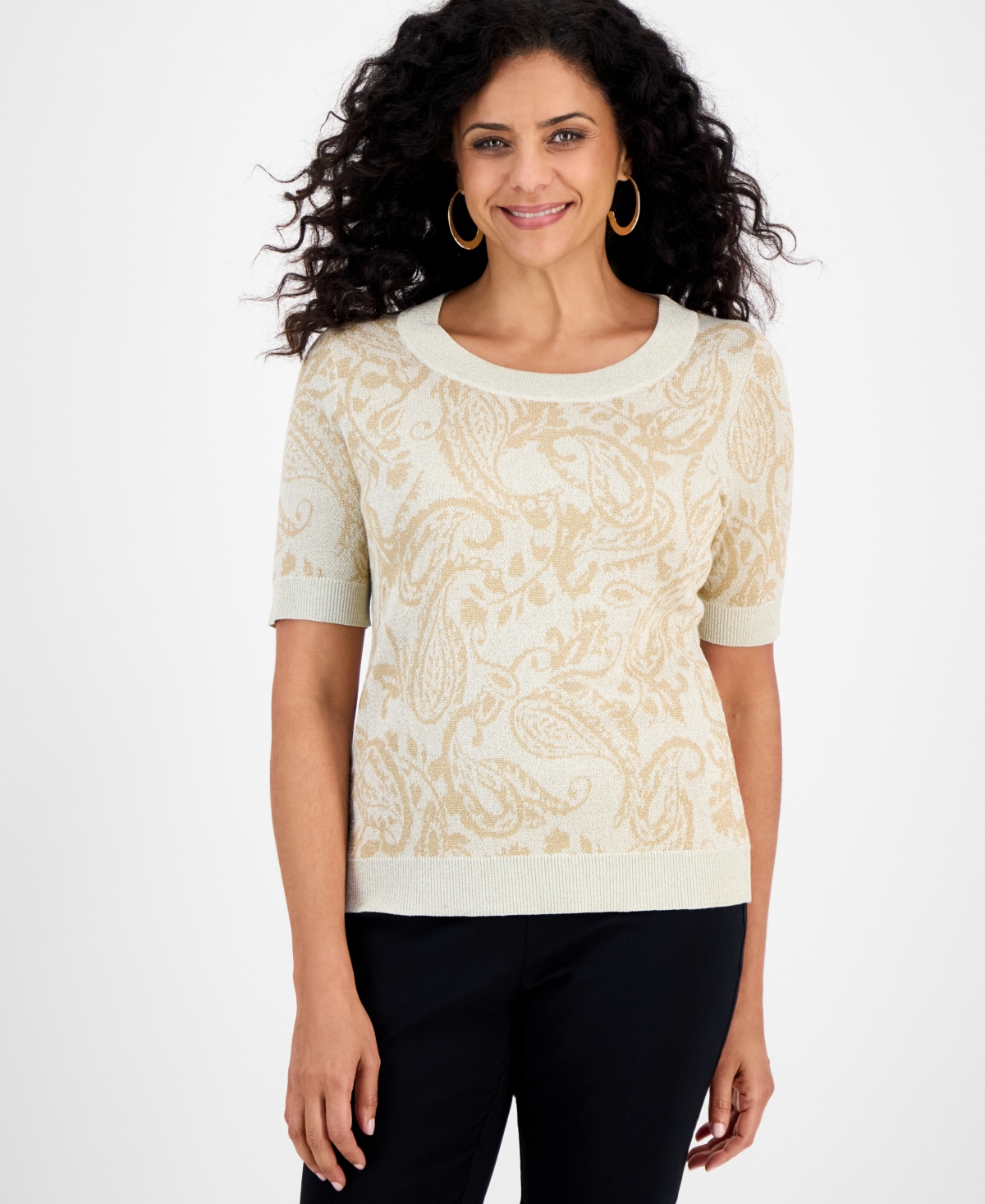 Click here for Jm Collection Womens Jacquard Crewneck Elbow-Sleev... prices
