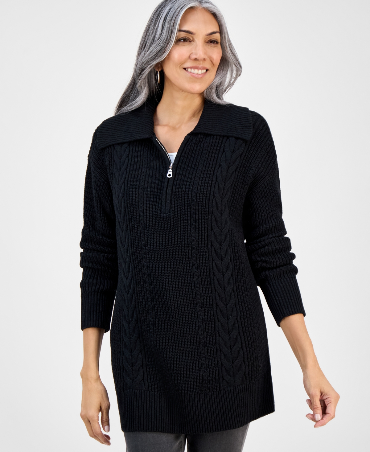 Click here for Style & Co Womens Quarter-Zip Cable-Knit Sweater... prices