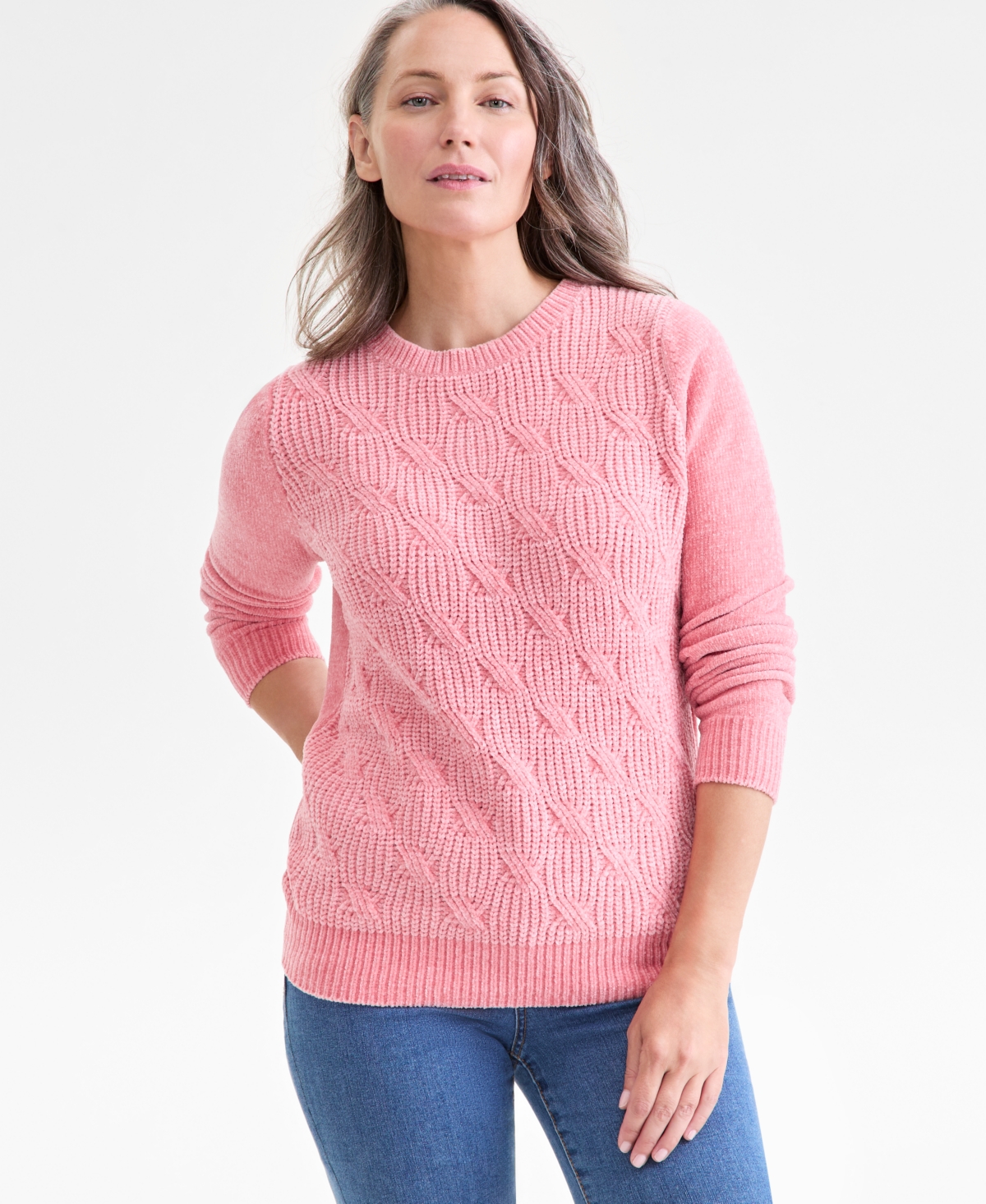 Click here for Style & Co Womens Chenille Crewneck Cable-Knit Swe... prices