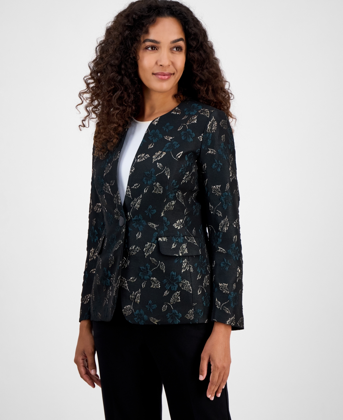 Click here for Kasper Womens Metallic Jacquard Collarless Jacket... prices