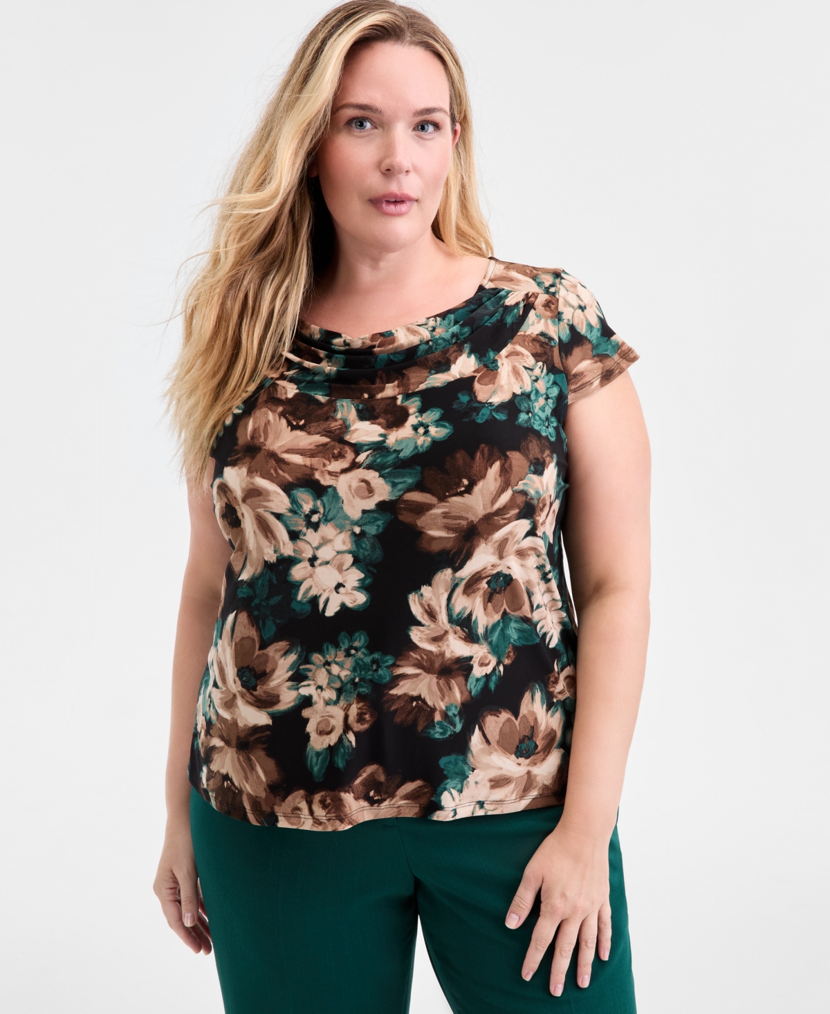 Click here for Kasper Plus Size Printed Cowlneck Blouse - Evergre... prices