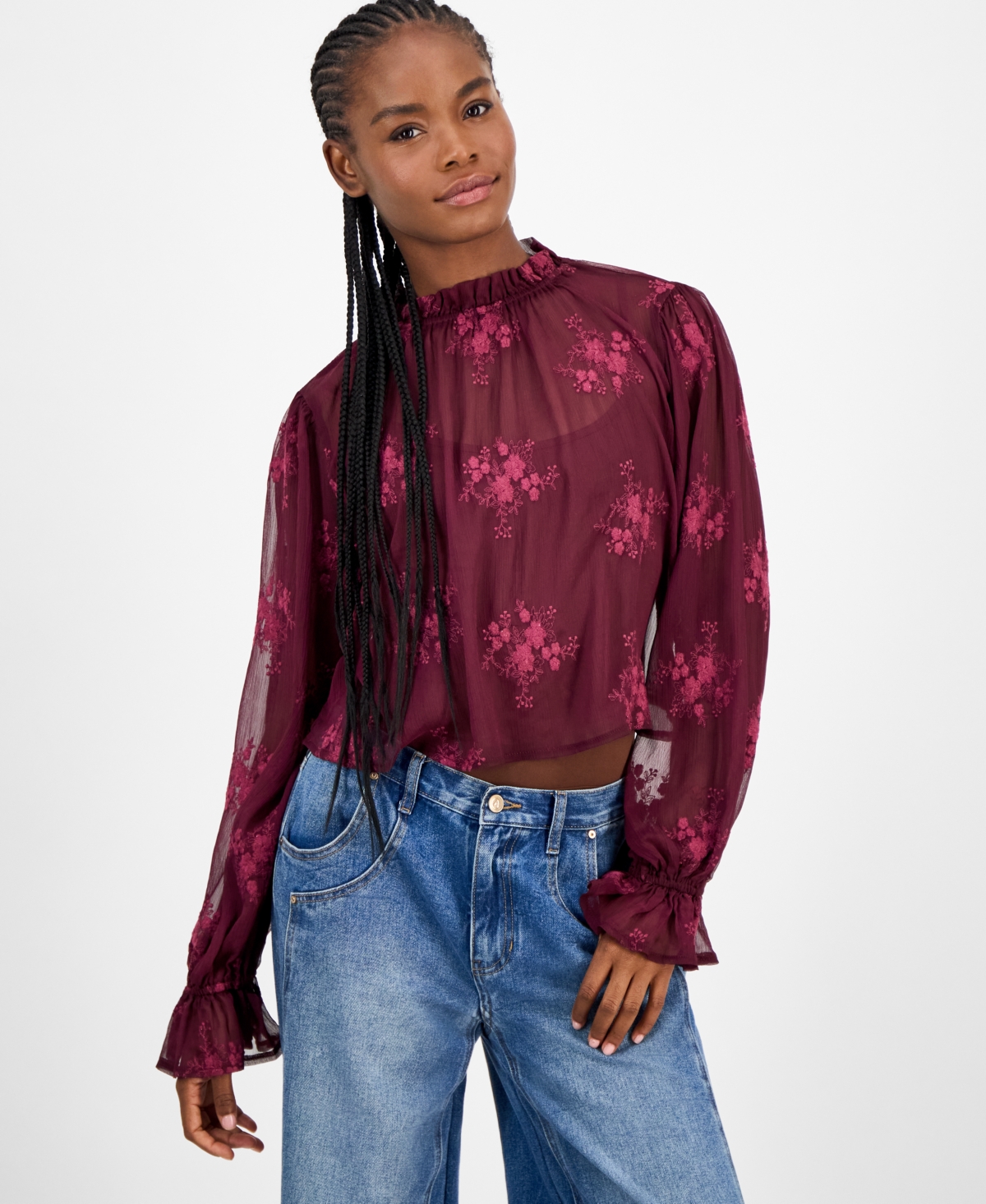 Click here for And Now This Womens Embroidered Sheer High-Neck Bl... prices