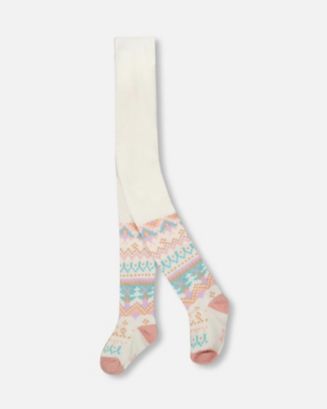 Deux par Deux Girl Knit Tights White Pink and Turquoise with Norwegian ...