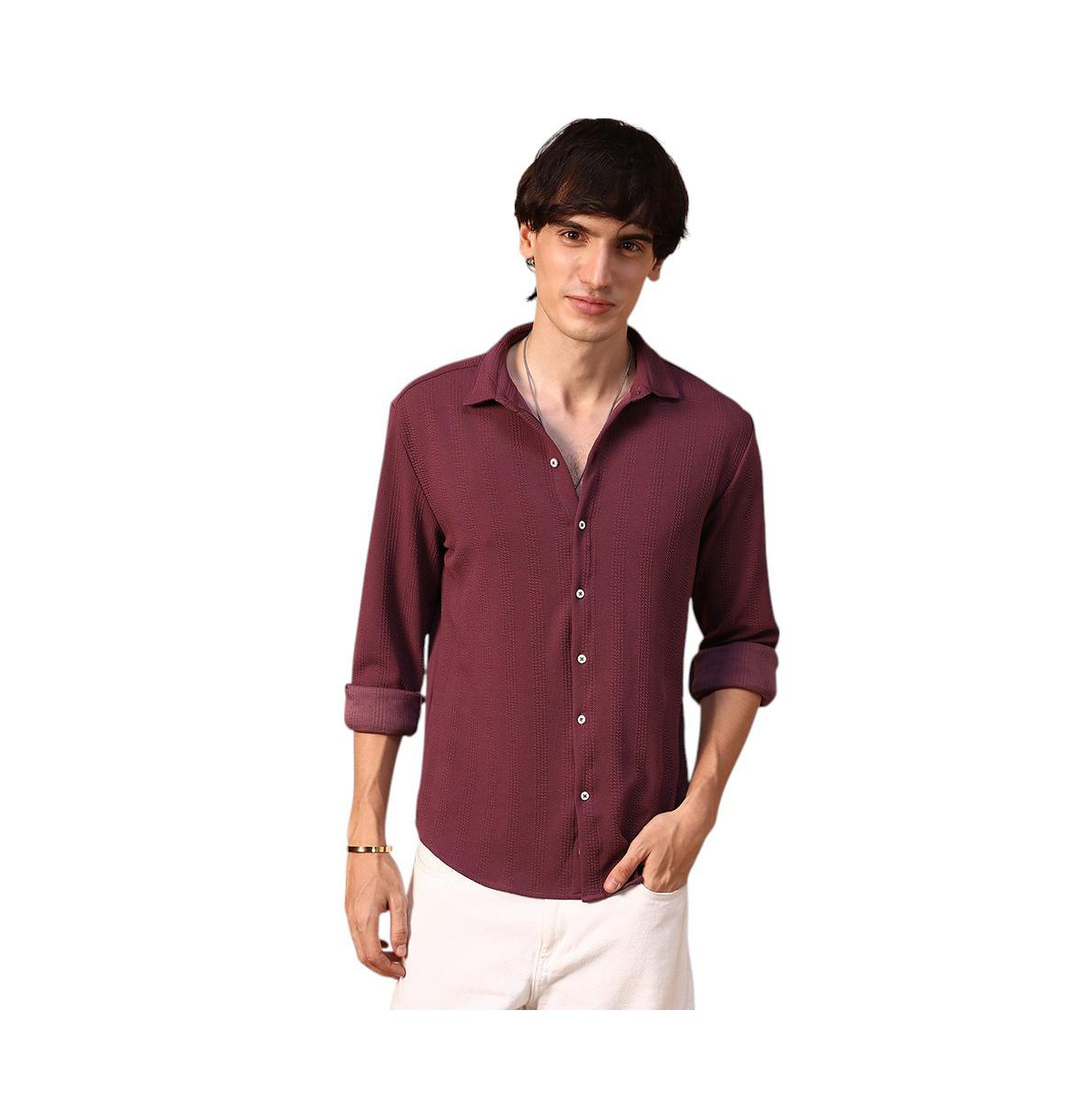Click here for Campus Sutra Mens Burgundy Red Rope-Textured Shirt... prices
