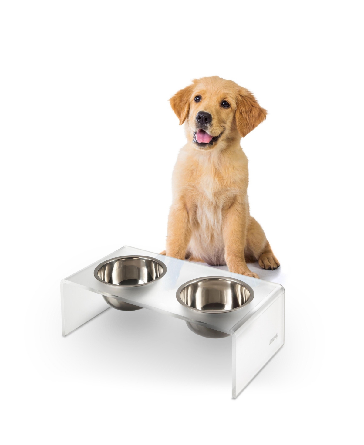 The Licker Store Keaton Modern Acrylic Rectangular Elevated Pet Feeder with 2-Stainless Steel Bowls - Moon white/chrome
