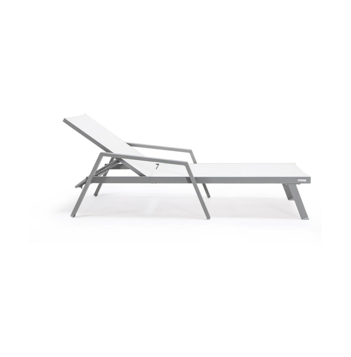 LeisureMod Marlin Patio Chaise Lounge Chair With Armrests in Grey Aluminum Frame  Set of 2 - White