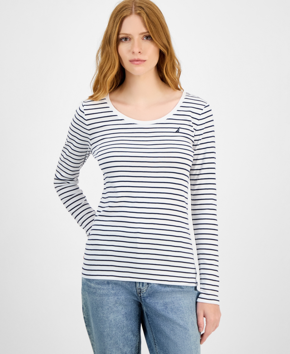 Click here for Nautica Jeans Womens Cotton Striped Scoop-Neck T-S... prices