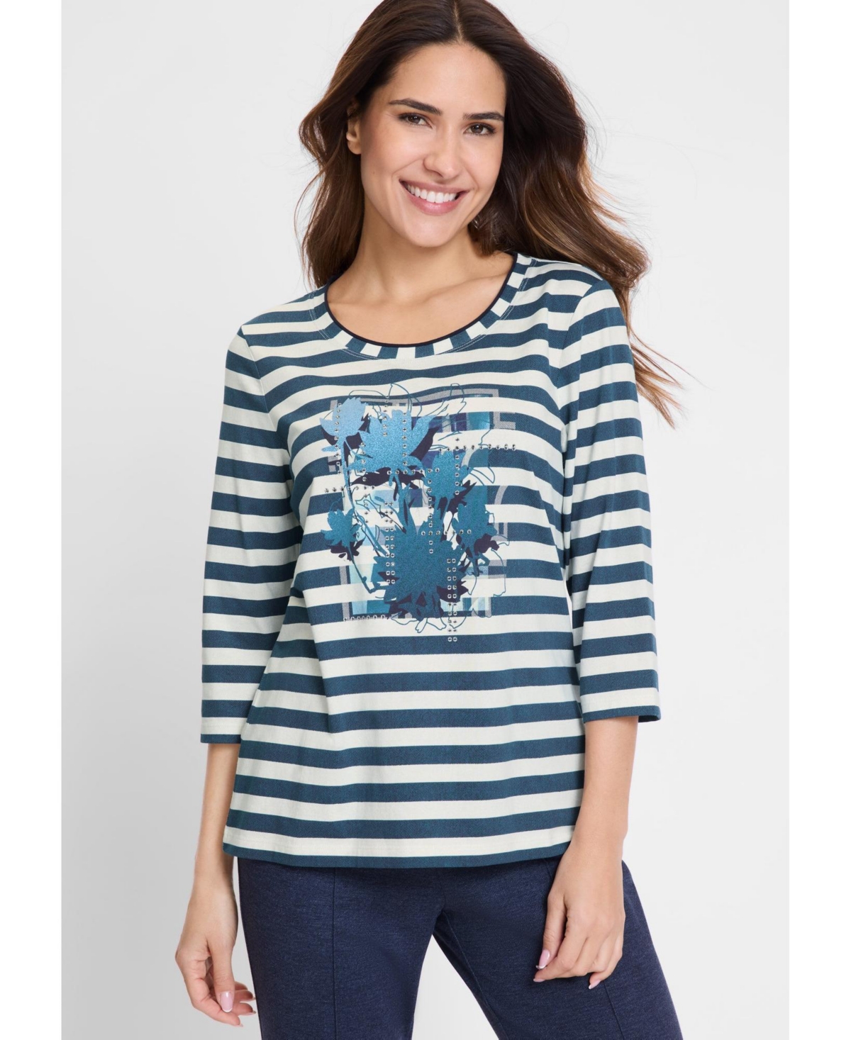 Click here for Olsen Stripe and Placement Print T-Shirt - Midnigh... prices