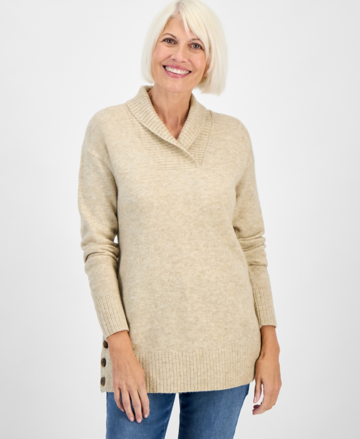 Click here for Style & Co Petite Shawl-Collar Button-Trim Tunic S... prices