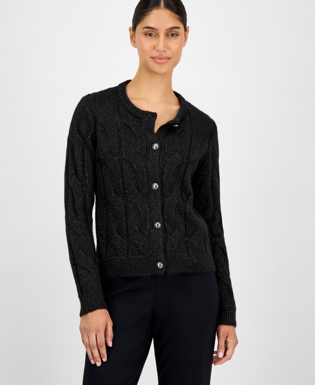 Click here for T Tahari Womens Metallic Cable-Knit Cardigan - Gun... prices