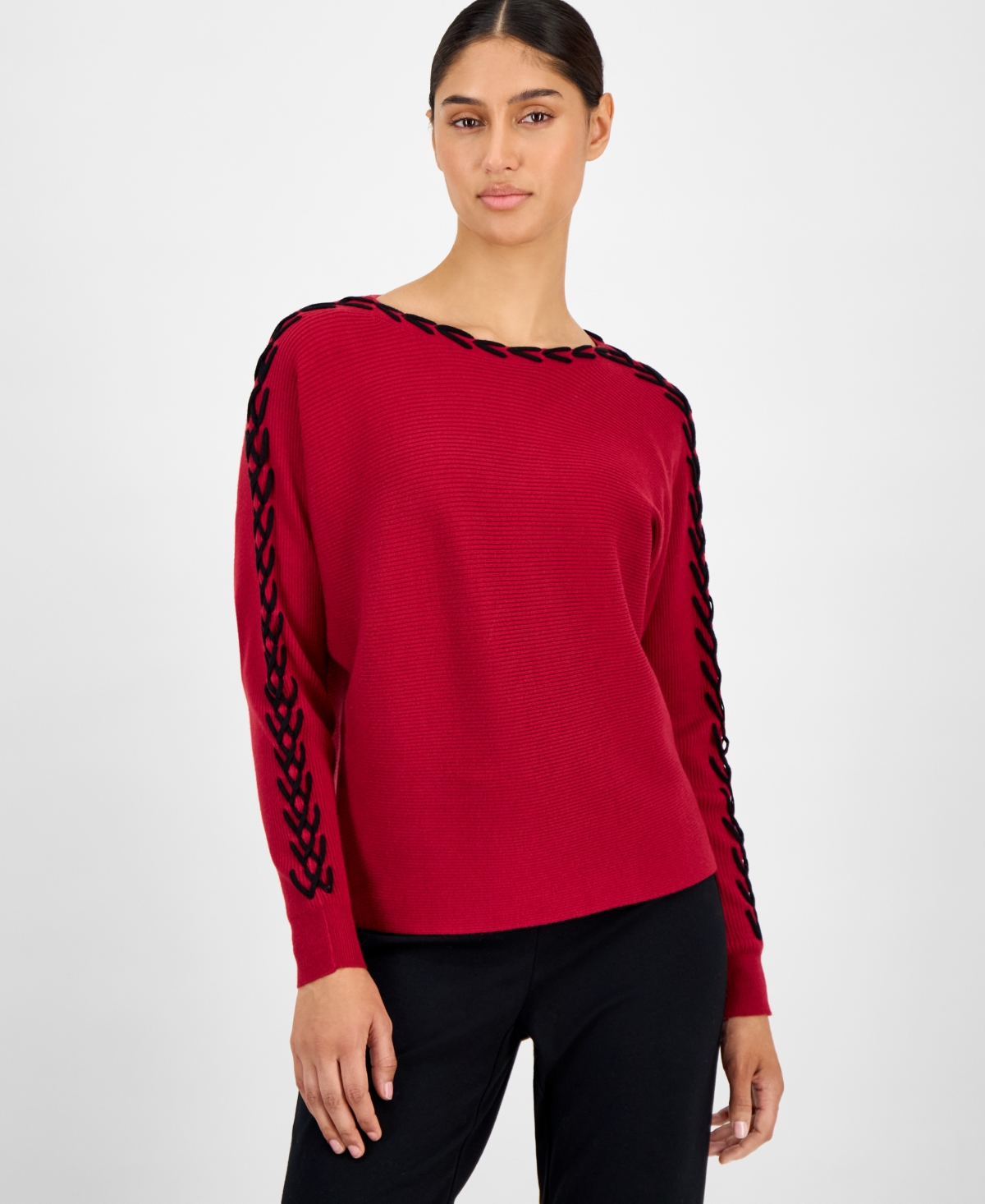 Click here for T Tahari Womens Ribbed Dolman-Sleeve Sweater - Red... prices