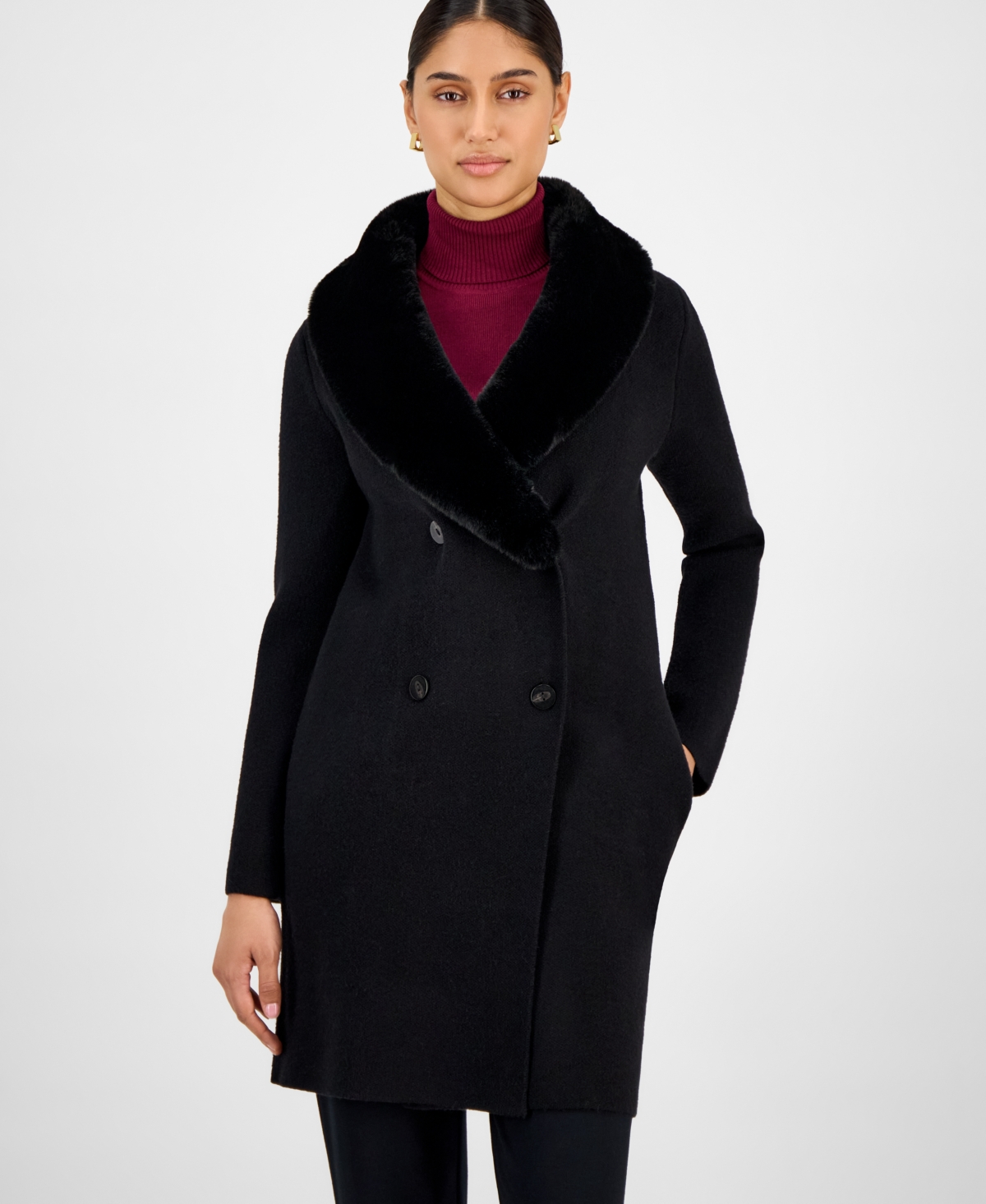 Click here for T Tahari Womens Faux-Fur Shawl-Collar Jacket - Bla... prices