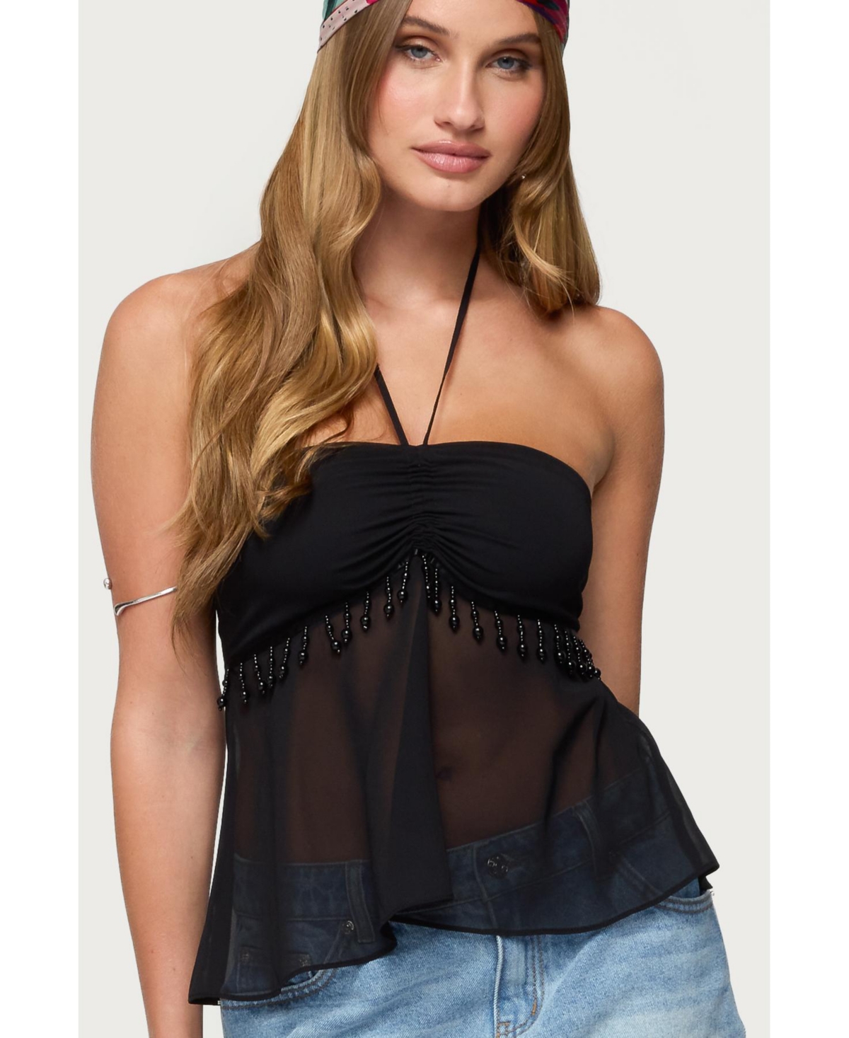 Click here for Edikted Womens Sheer Chiffon Babydoll Halter Top -... prices