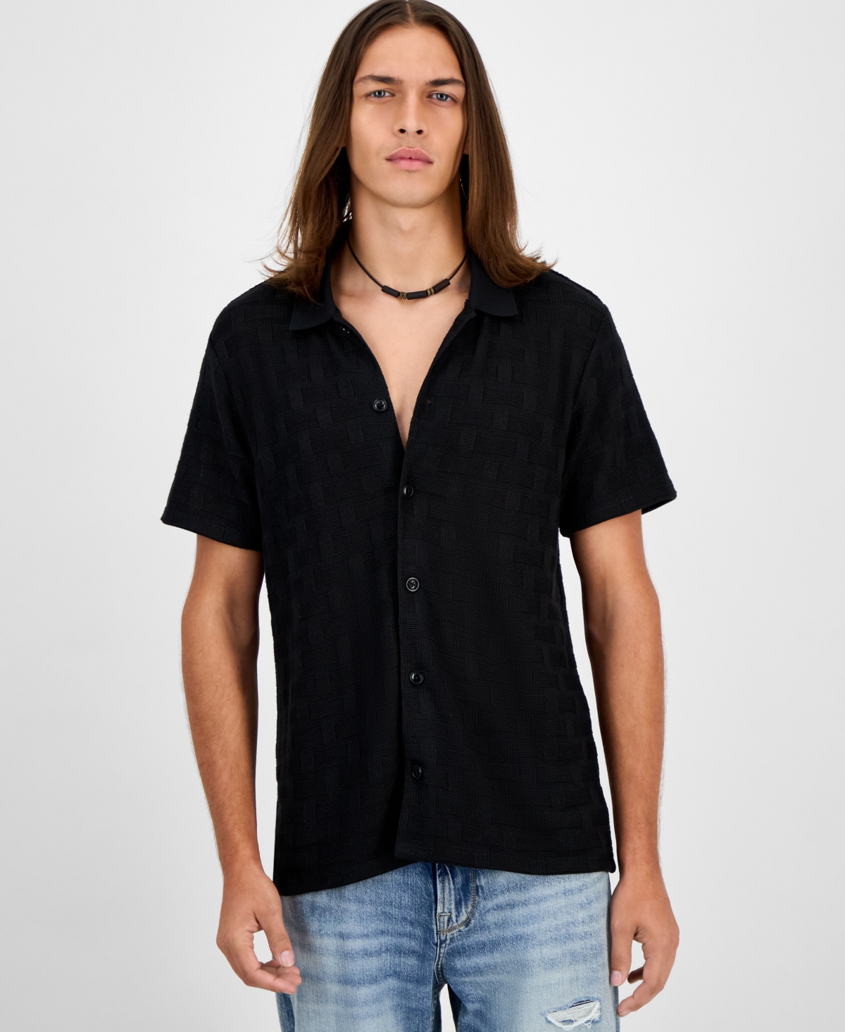 Click here for Guess Mens Tristan Short Sleeve Textured Button-Fr... prices