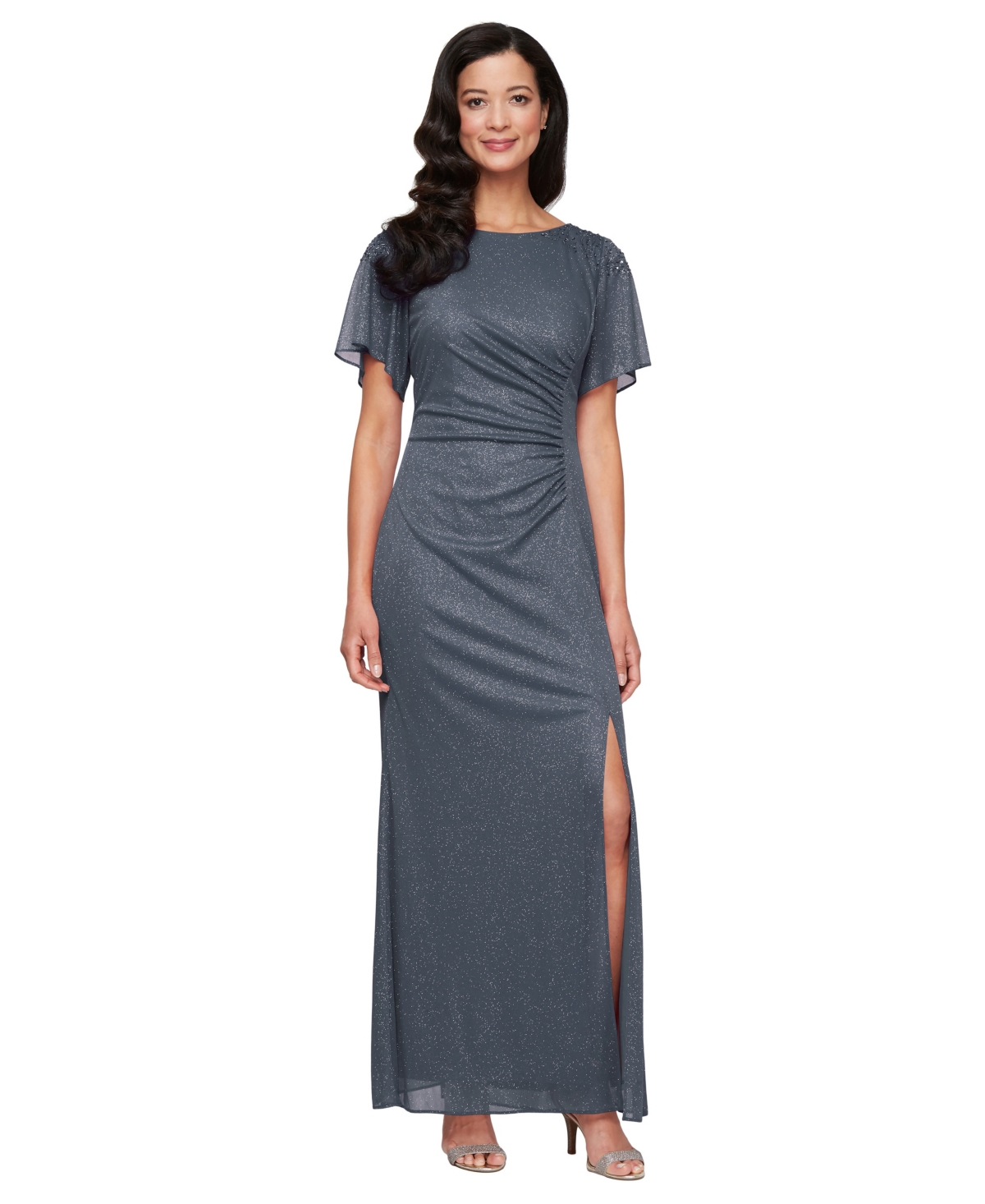 Sl Fashions Womens Round-Neck Flutter-Sleeve Gown - Smoke