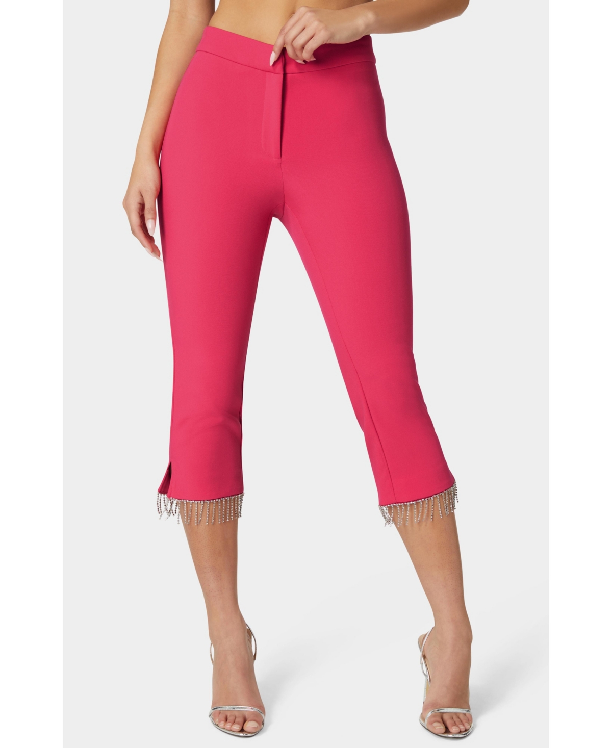 Click here for Bebe Mid Waist Rhinestone Fringe Capri - Raspberry prices
