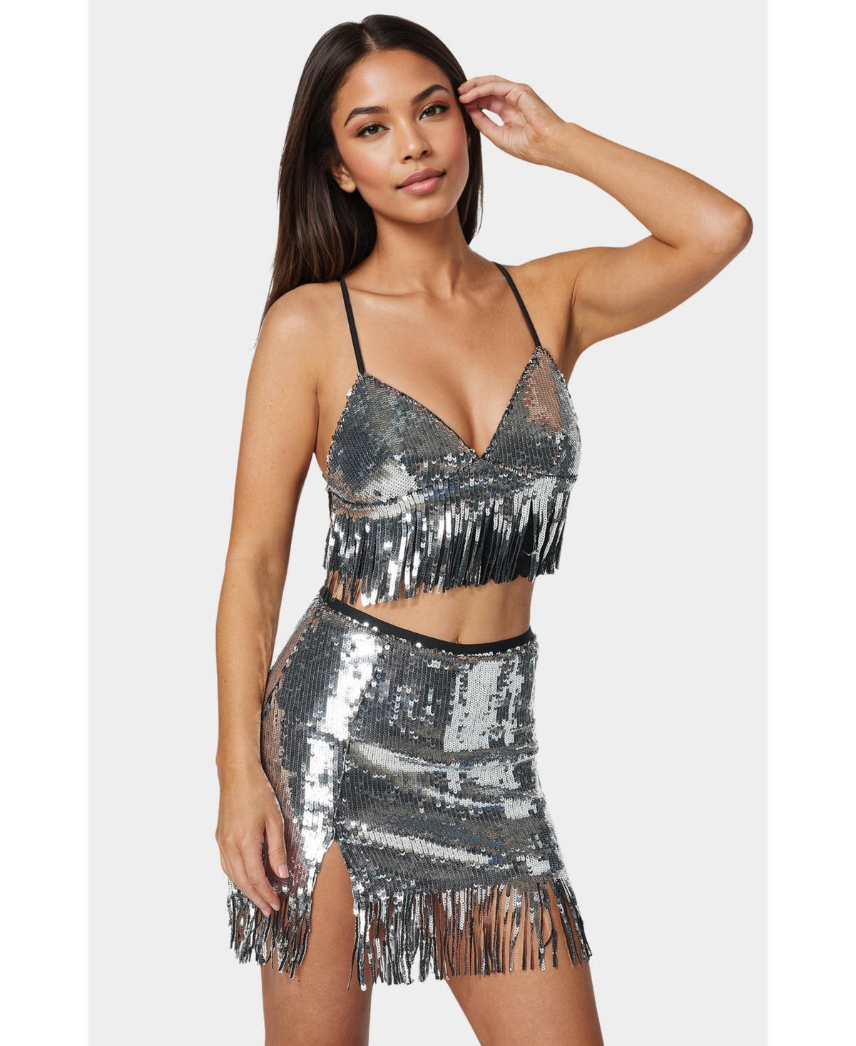 Click here for Bebe Womens Lace Shrug and Sequins Cami - Black prices