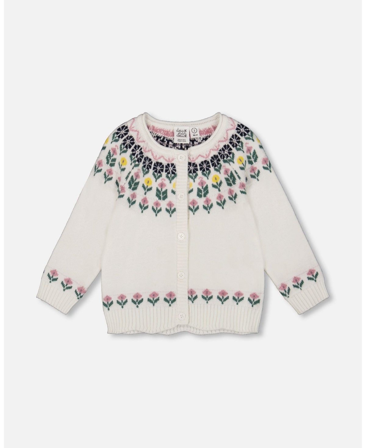 Deux par Deux Girl Jacquard Knit Cardigan Off-White with Floral Pattern - Child - Off-white