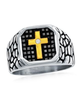 Click here for Stainless Steel Gold Cz Cross Pebbled Design Ring prices
