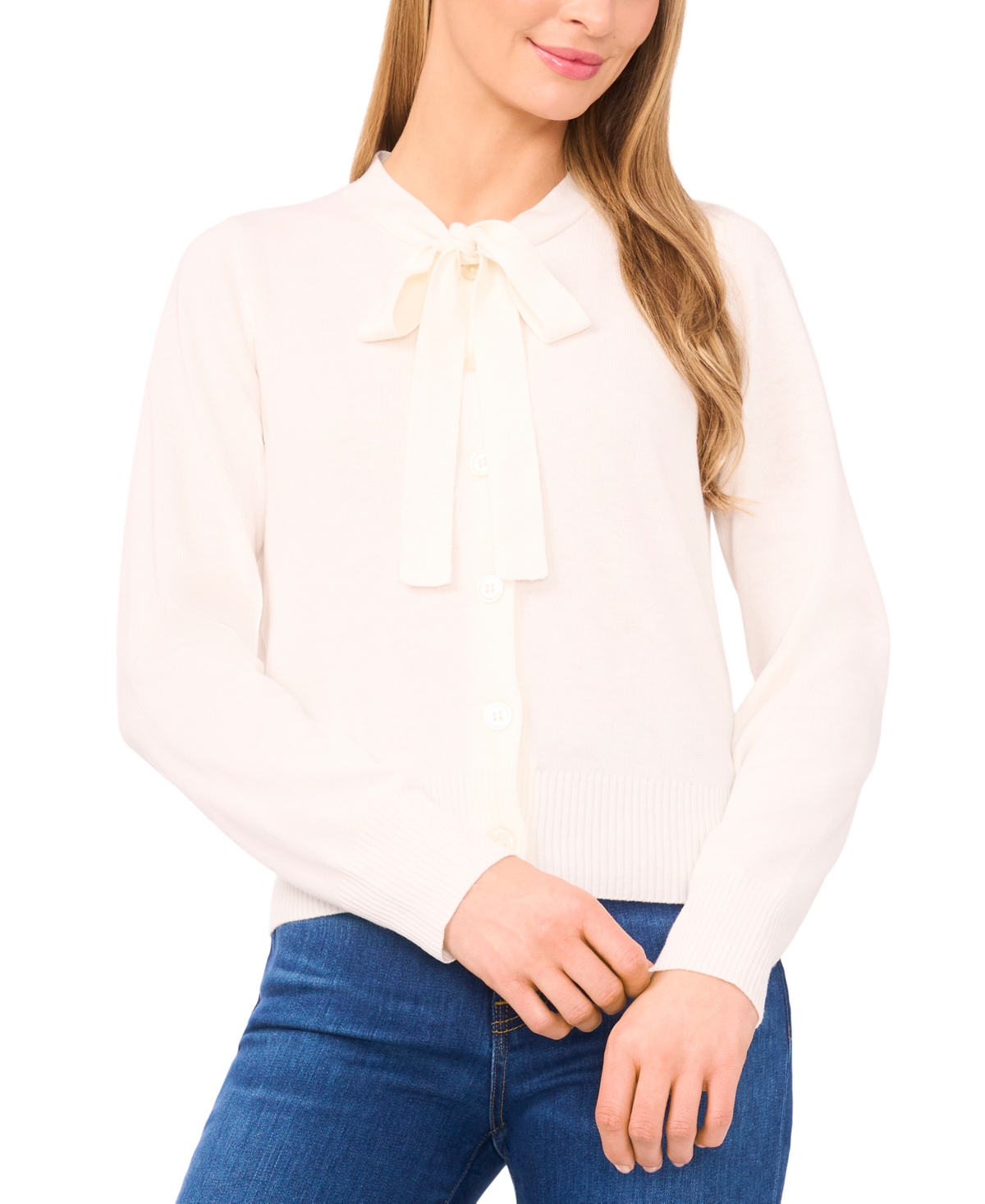 Click here for CeCe Womens Tie Neck Cardigan Sweater - Antique Wh... prices