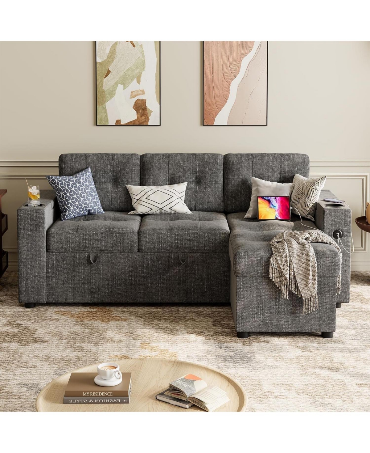 Click here for gaomon 84 Inch Dark Grey L-Shaped Sofa Bed with Pu... prices