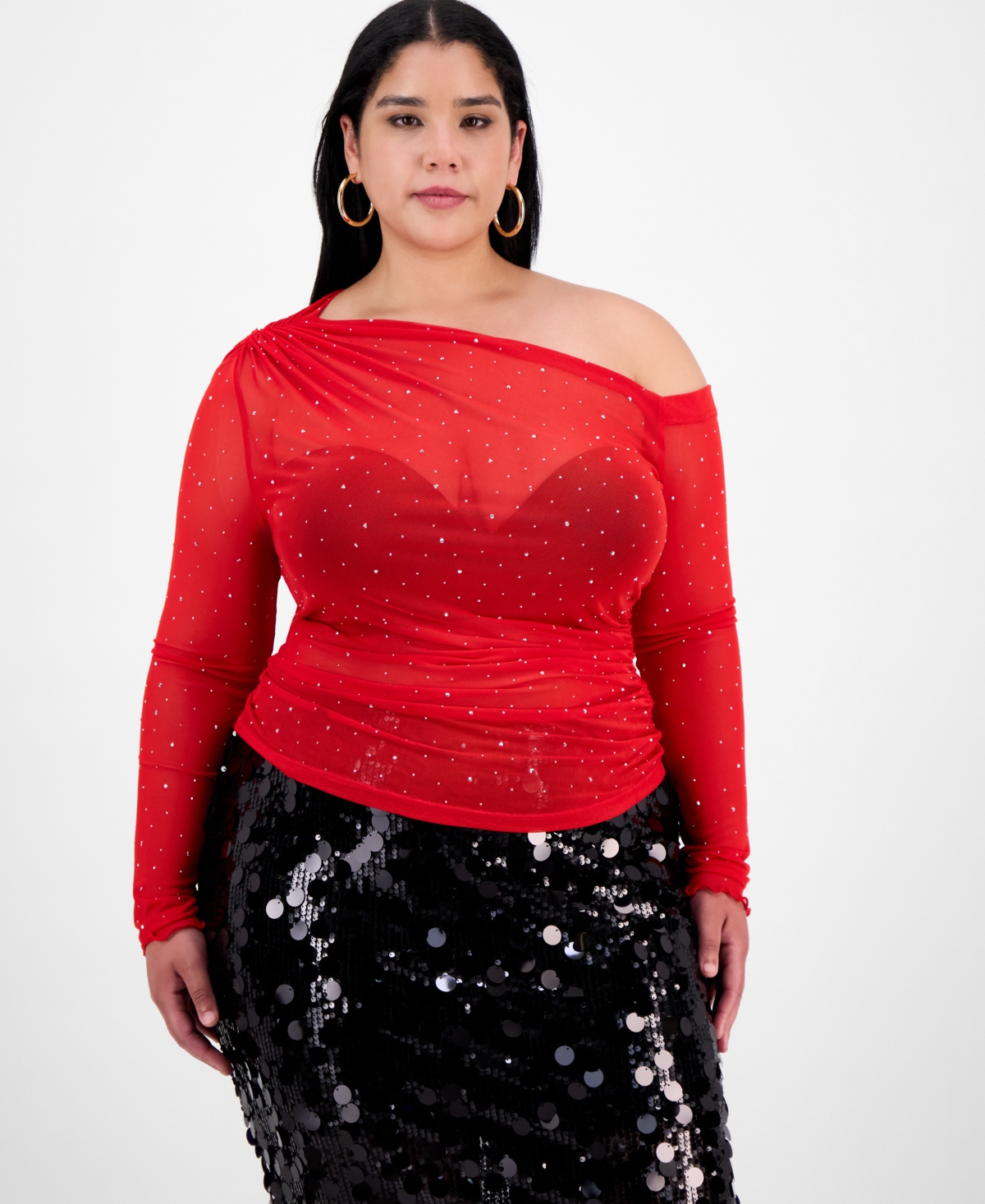 Click here for Bar Iii Trendy Plus Embellished Off-Shoulder Mesh... prices