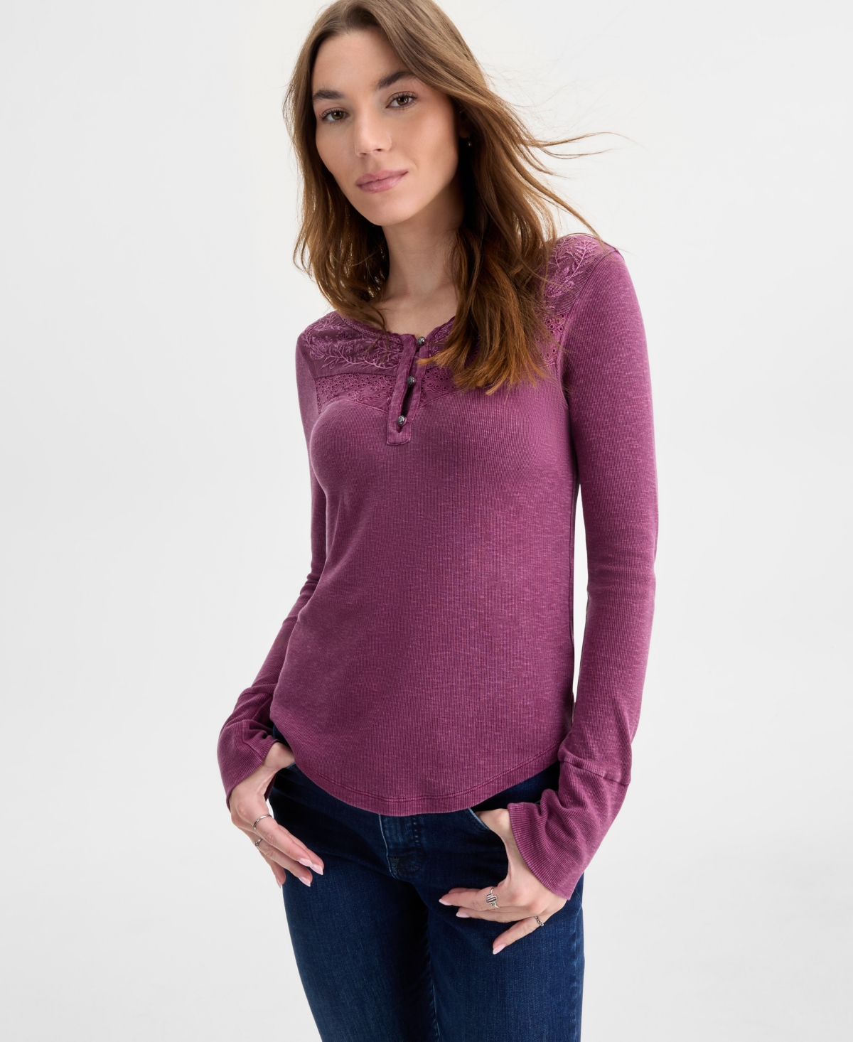 Click here for Lucky Brand Womens Lace-Yoke Long-Sleeve Henley To... prices