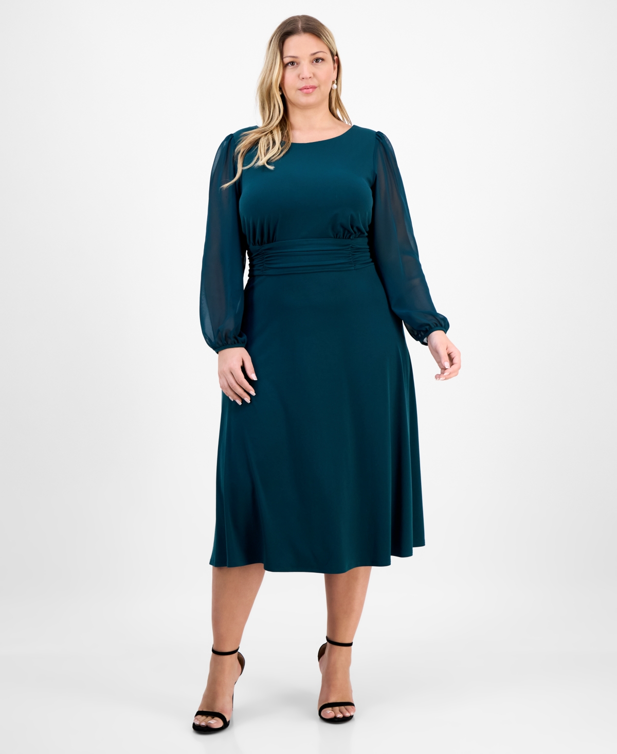 Click here for Connected Plus Size Shirred-Waist Sheer-Sleeve Mid... prices