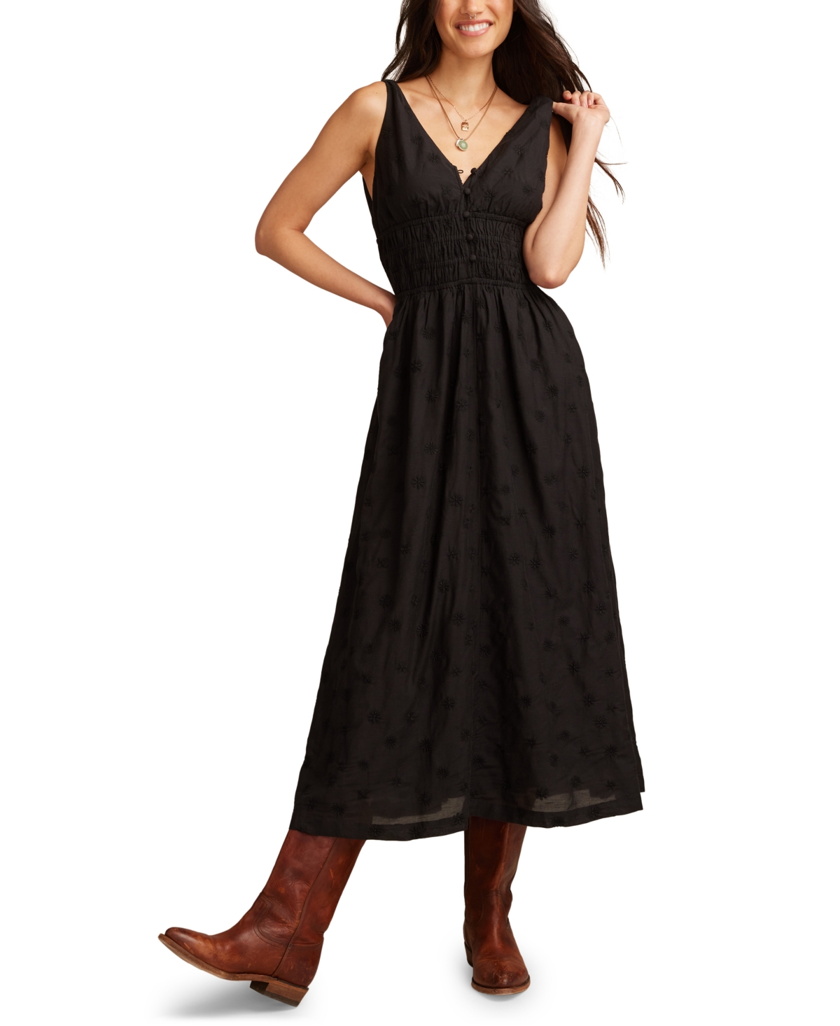 Click here for Lucky Brand Womens Printed V-Neck Smocked-Waist Ma... prices