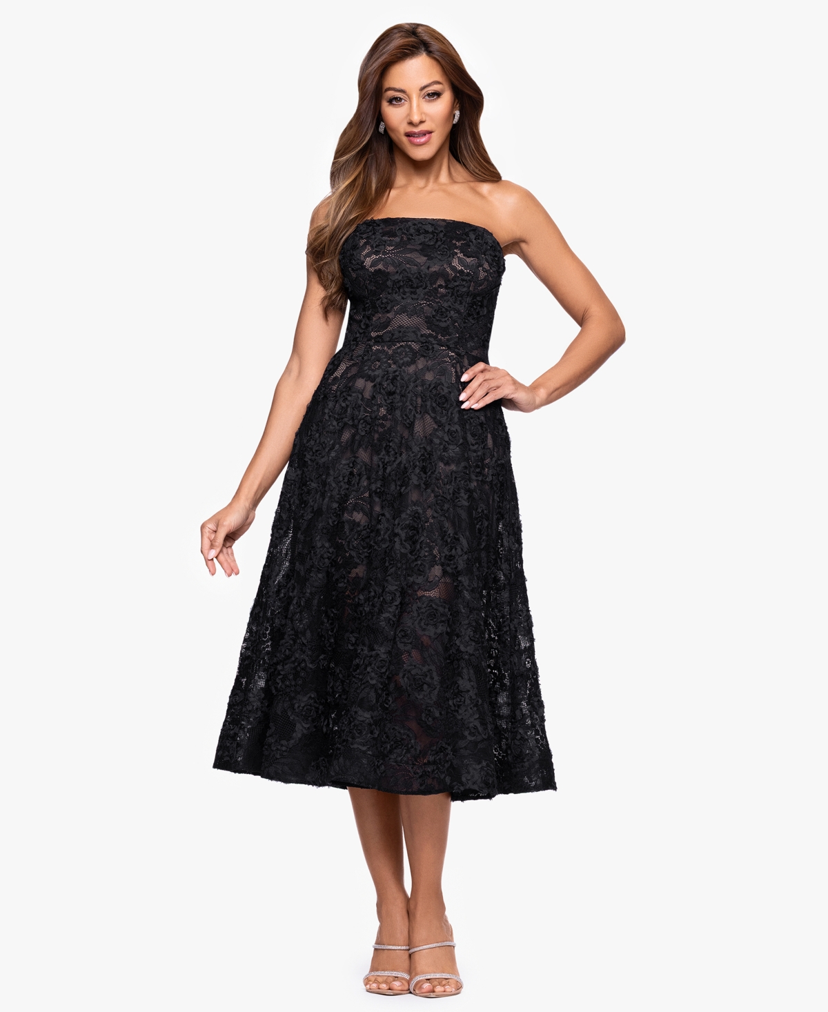 Click here for Xscape Womens Strapless Lace Midi Dress - Black prices