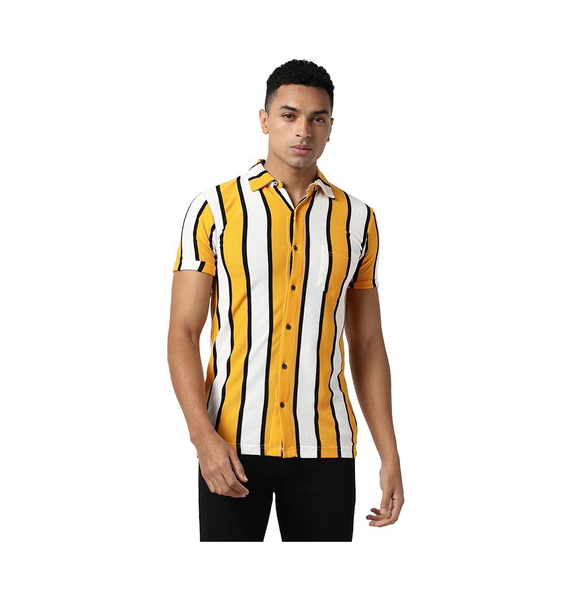 Click here for Campus Sutra Mens Yellow Striped Regular Fit Casua... prices