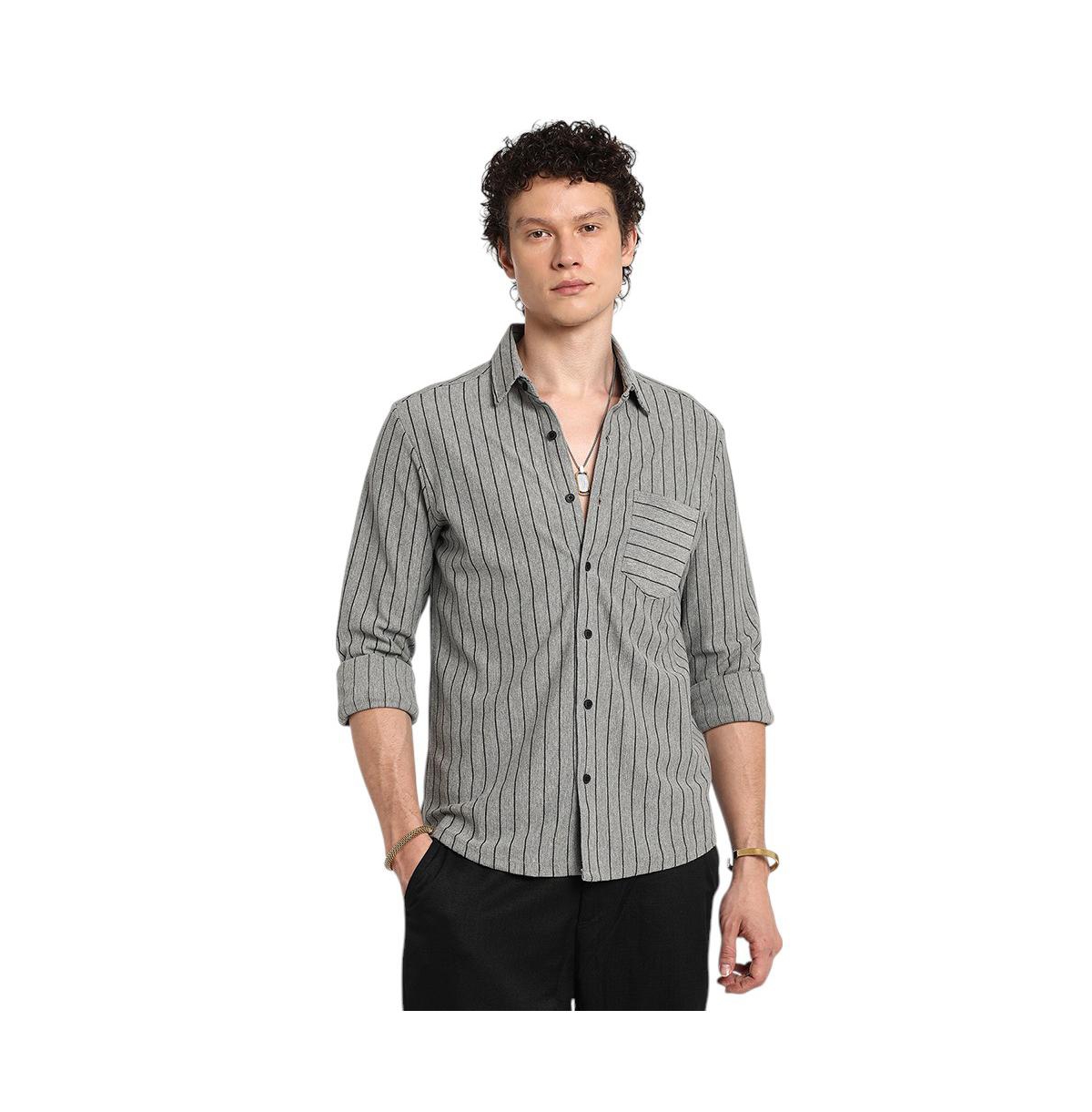 Click here for Campus Sutra Mens Moon Grey Pinstriped Shirt - Gre... prices