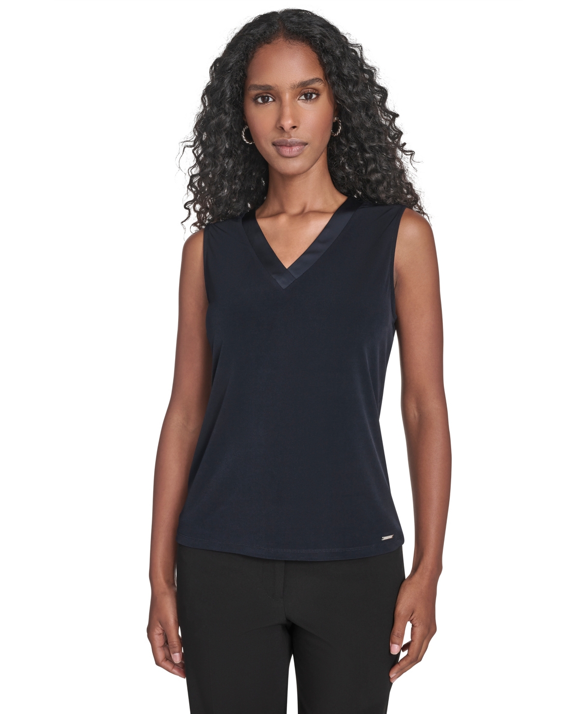 Click here for Calvin Klein Womens Mixed-Media Sleeveless Blouse... prices
