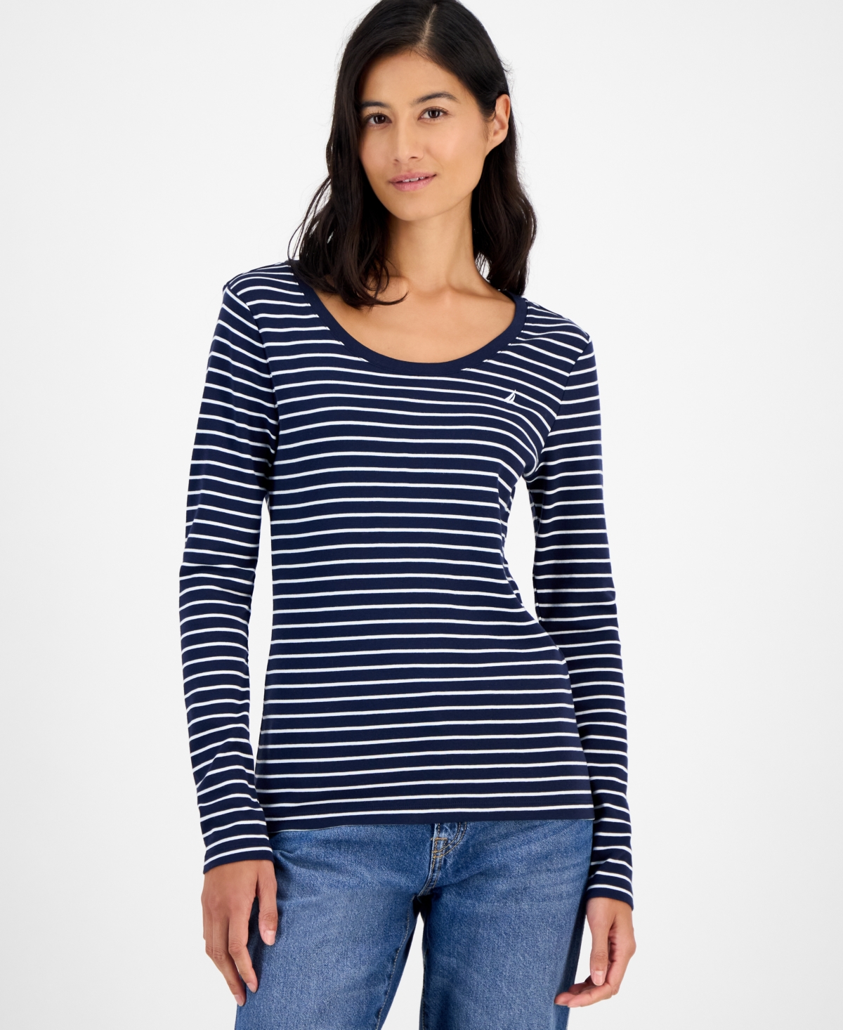 Click here for Nautica Jeans Womens Cotton Striped Scoop-Neck T-S... prices