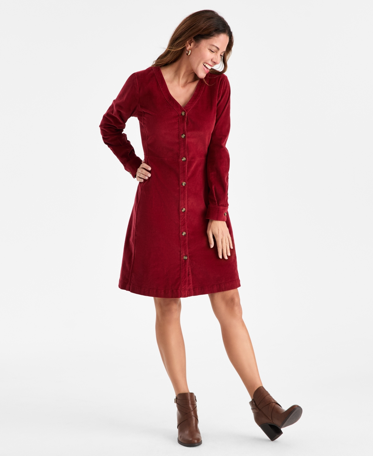 Click here for Style & Co Womens Corduroy Button-Front V-Neck Dre... prices