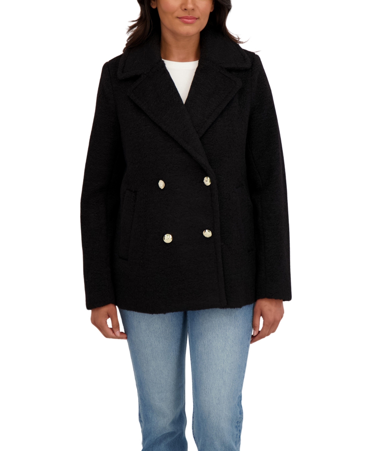 Click here for Sebby Collection Womens Boucle Pea Coat - Black prices