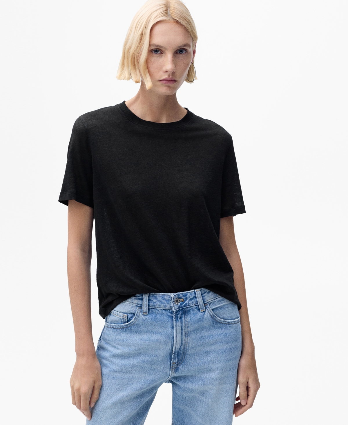 Click here for Mango Womens Short-Sleeved Linen T-Shirt - Black prices
